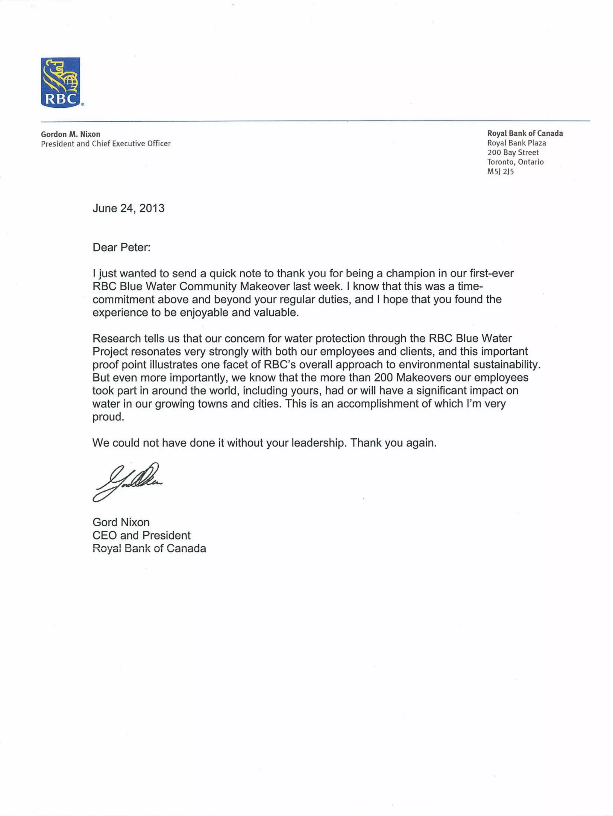 RBC Blue Water CEO letter 2013 | PDF