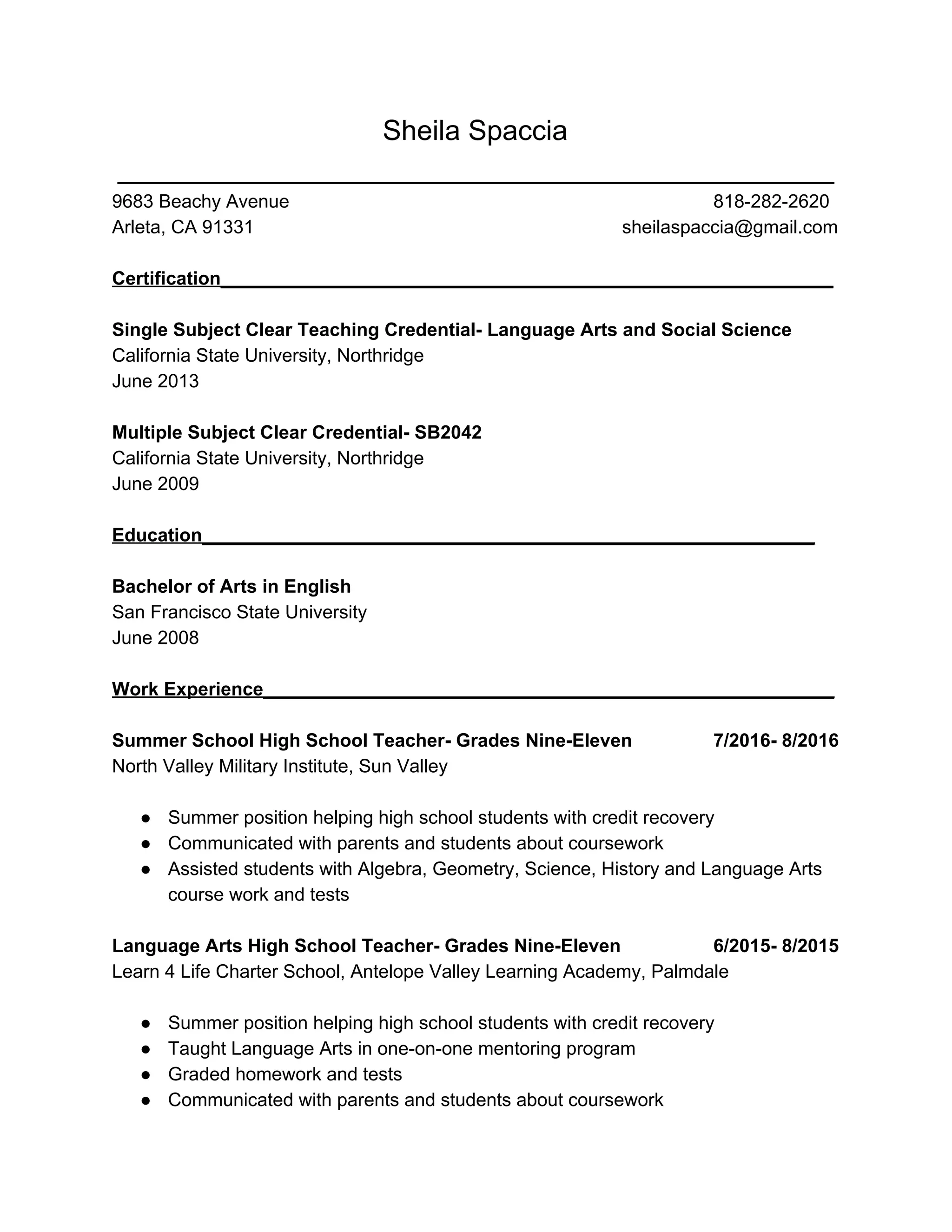 2017_TeacherResume_SheilaSpaccia | PDF