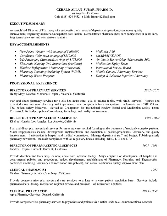 Gerald Subar CV 2015c | DOCX | Pharmaceutical Industry | Industries