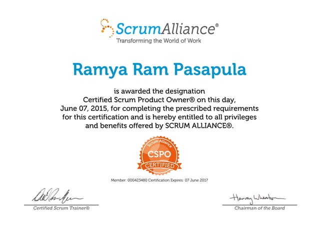 Ramya Ram Pasapula-ScrumAlliance_CSPO_Certificate | PDF | Technology ...