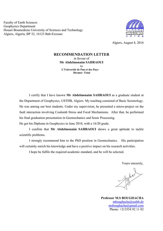 Letter de Recommandation IFERMER -TOTAL | PDF