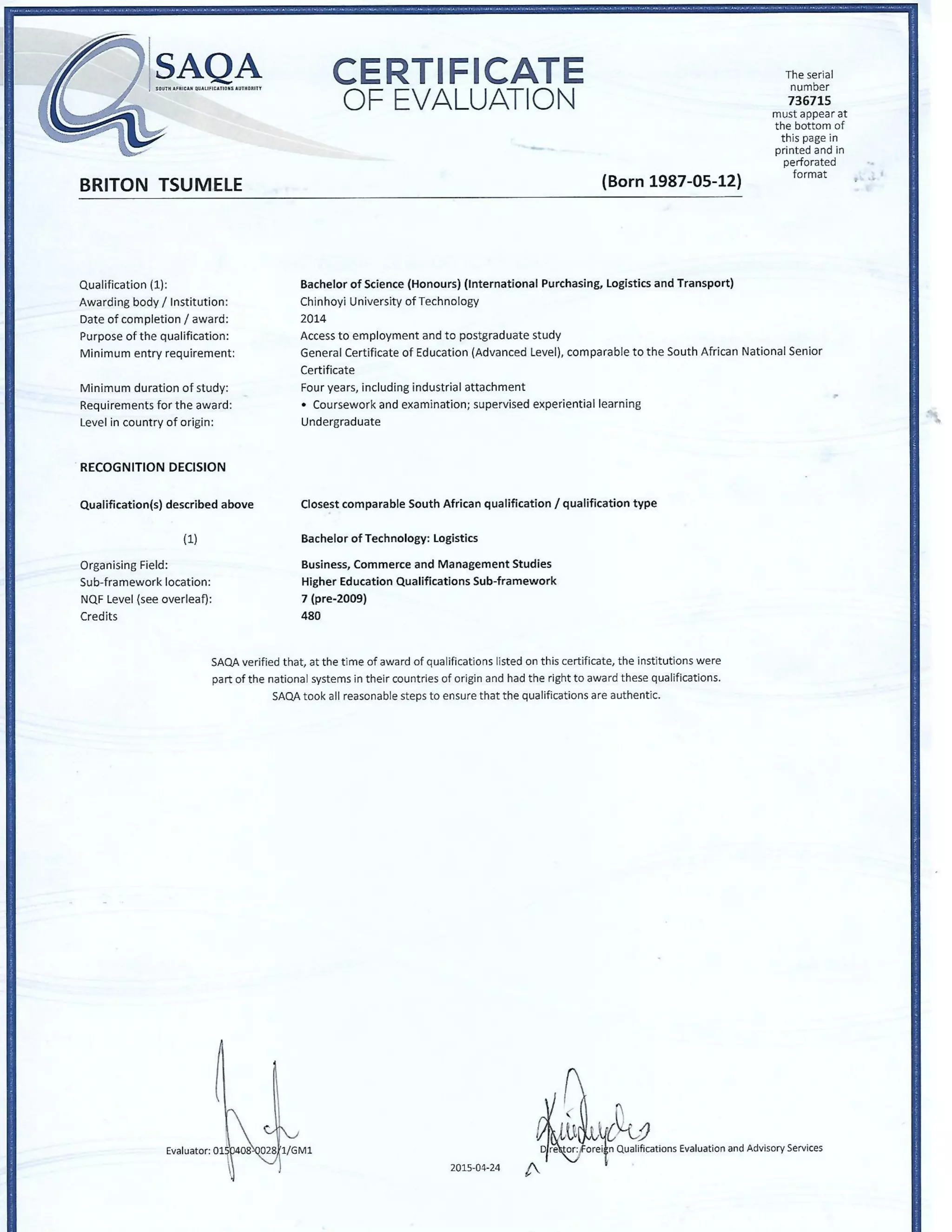 briton SAQA cert | PDF