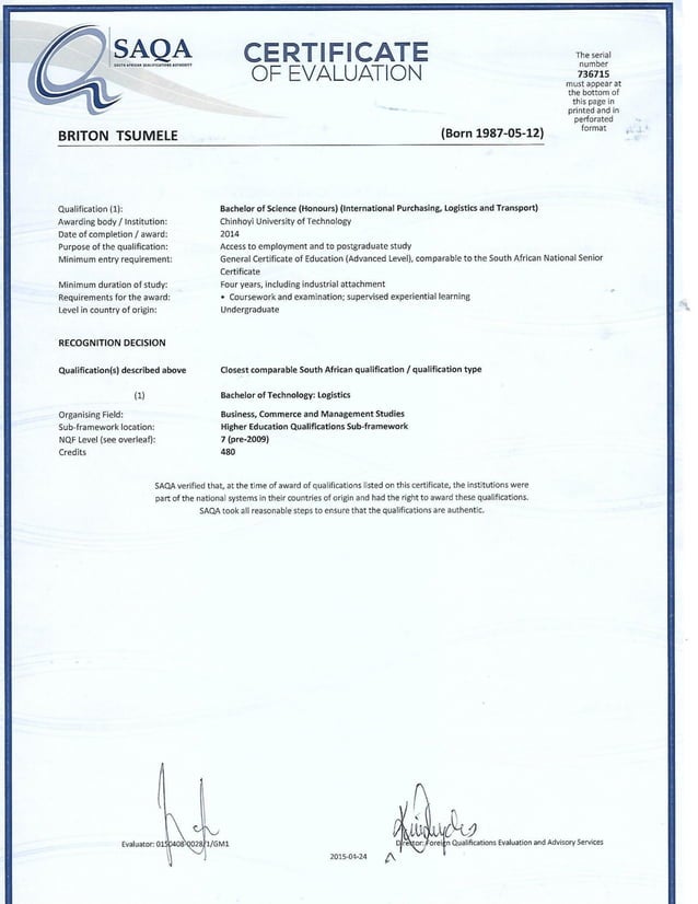 briton SAQA cert | PDF