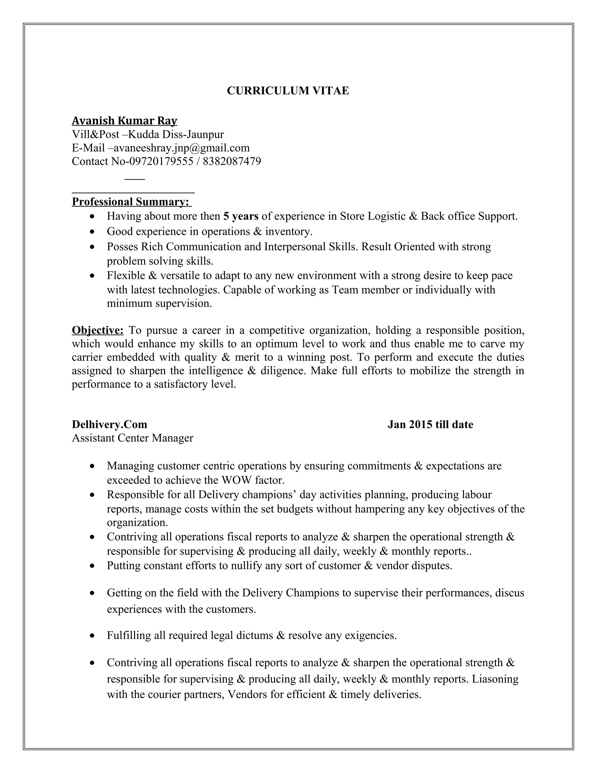 Resume - Avaneesh Ray | DOC