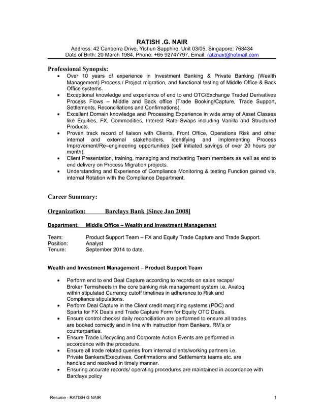 Ratish Nair-Resume | DOC | Business Banking & Finance | Business