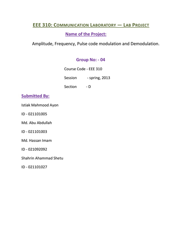 Amplitude, Frequency, Pulse code modulation and Demodulation (com. lab ...