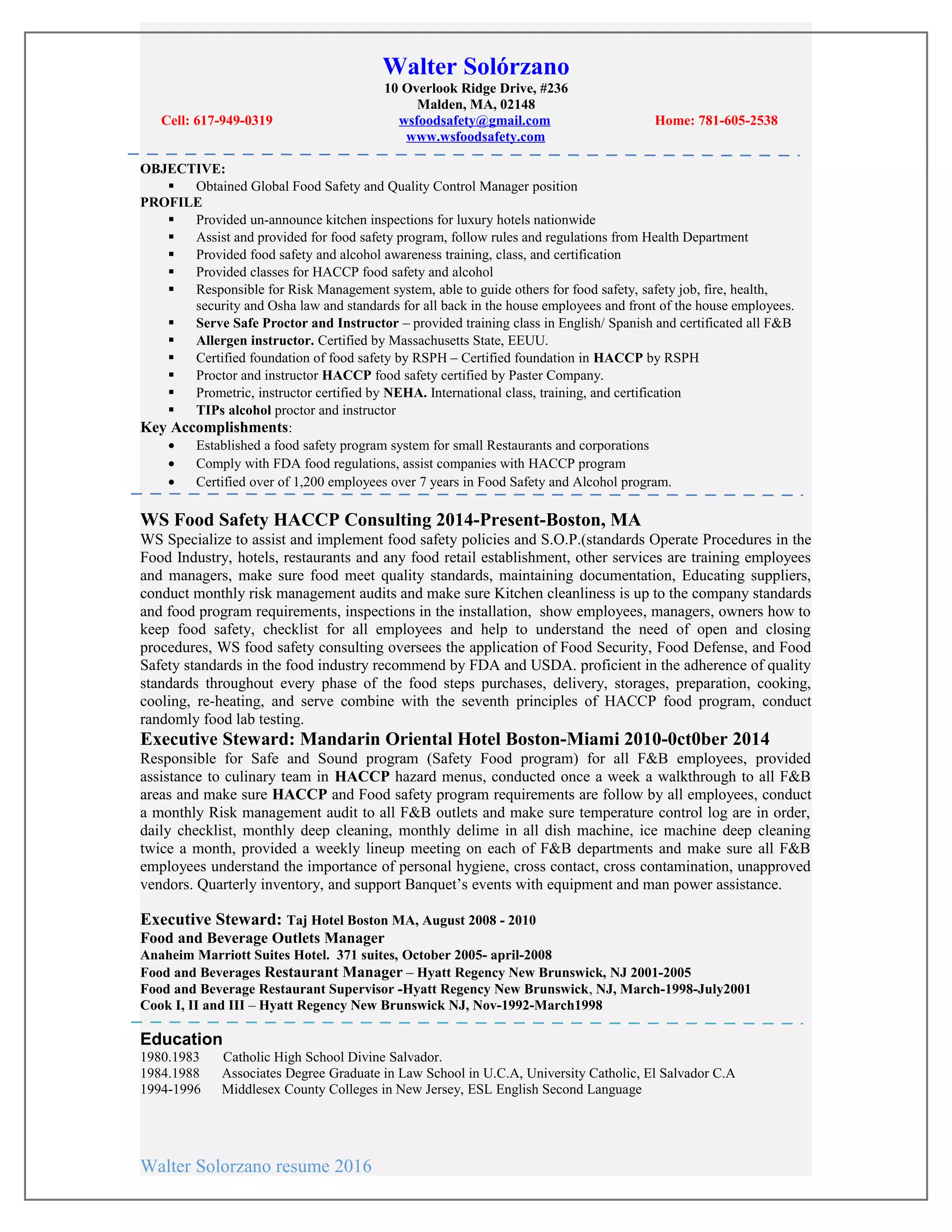 WS Food safety - Resume 2016 | DOC