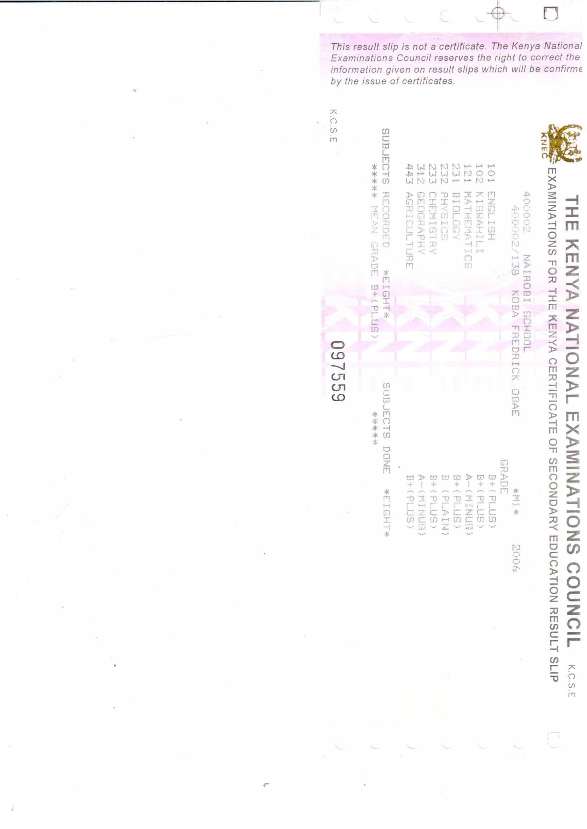 KCSE RESULTS SLIP | PDF
