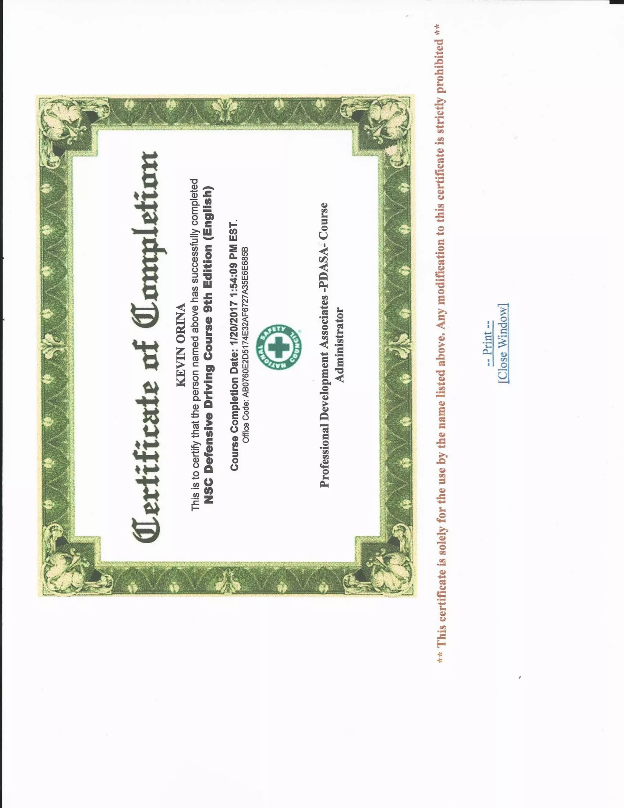 Defensive Driving Course certificate-Kevin orina | PDF