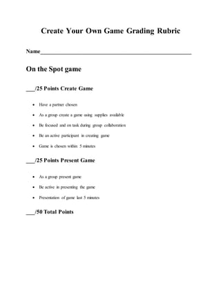 Create Your Own Game Grading Rubric | DOCX