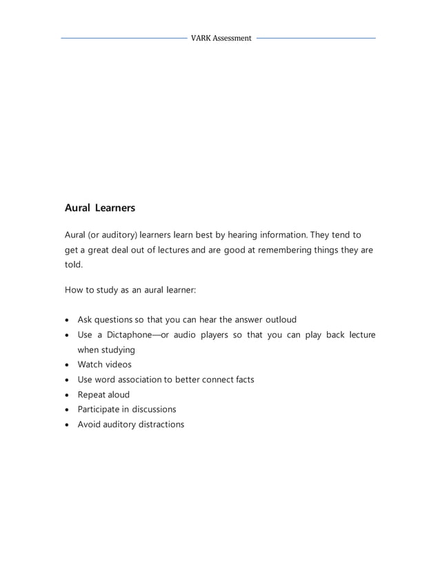 VARK Assessment Results | DOCX | Educational Assessment | Education