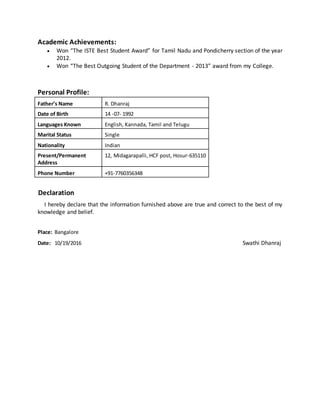 Swathi Dhanraj_Resume | DOCX | Databases | Computer Software and ...