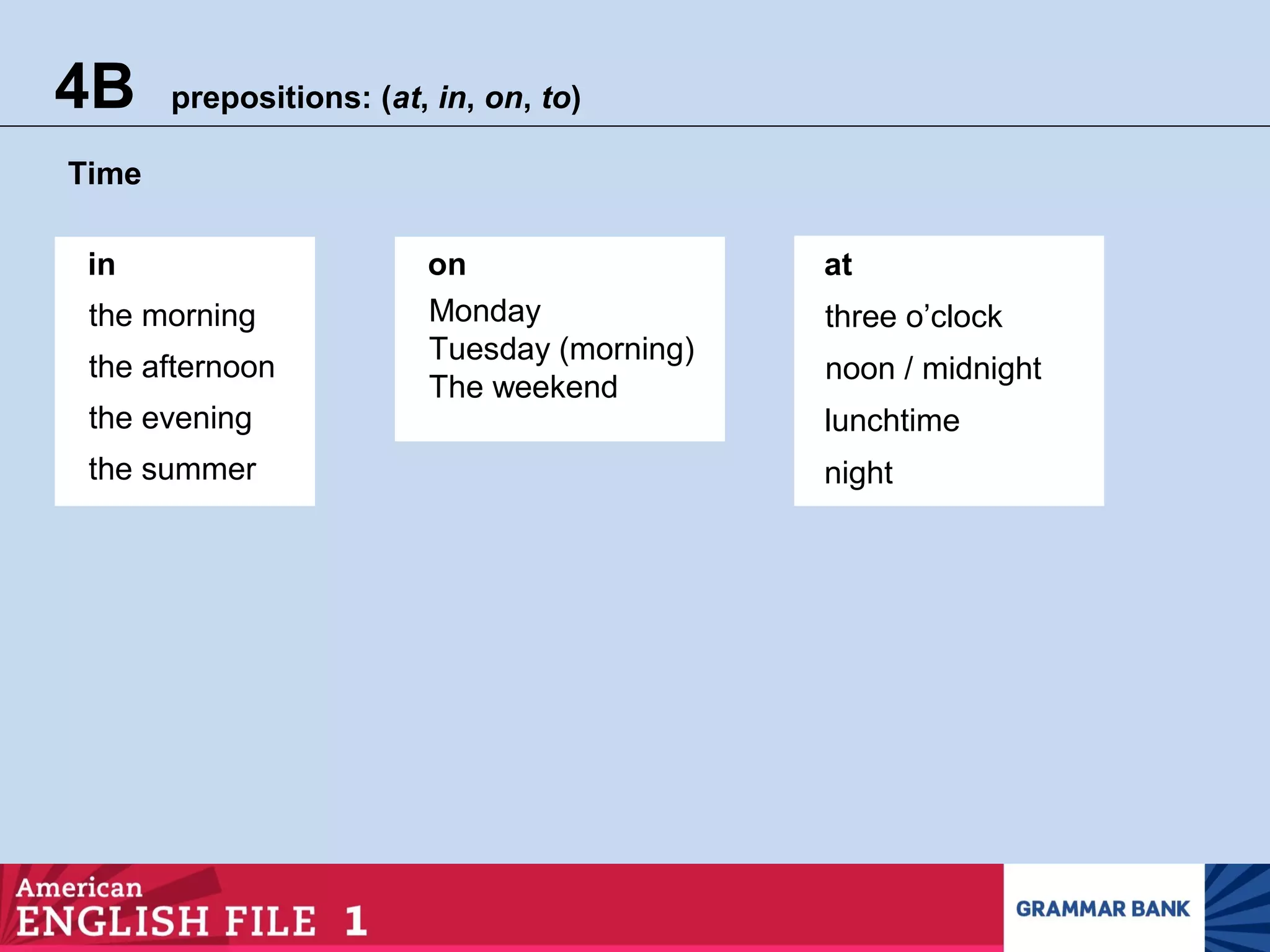 4B - prepositions: (at, in, on, to) | PPT
