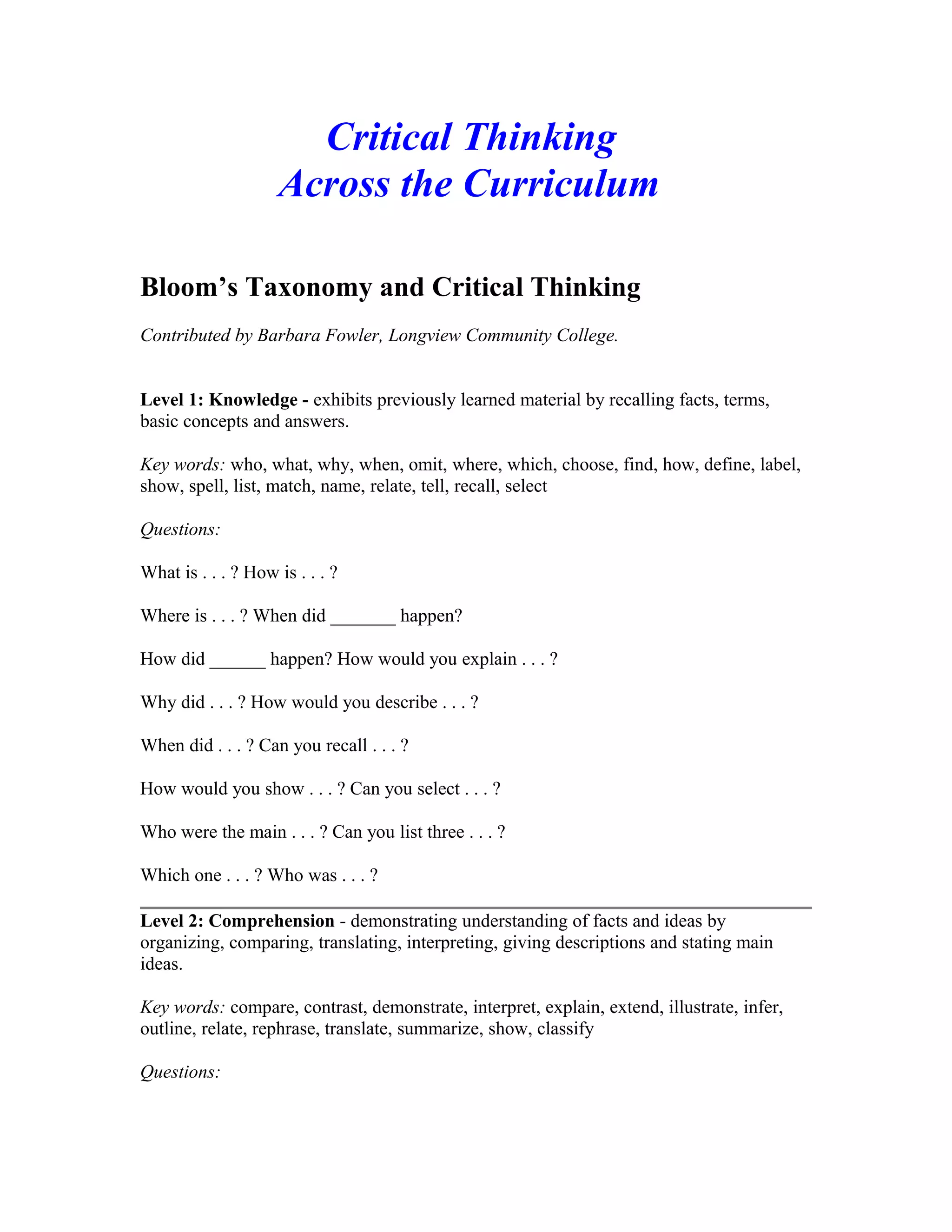 Bloom's taxonomy and critical thinking | PDF