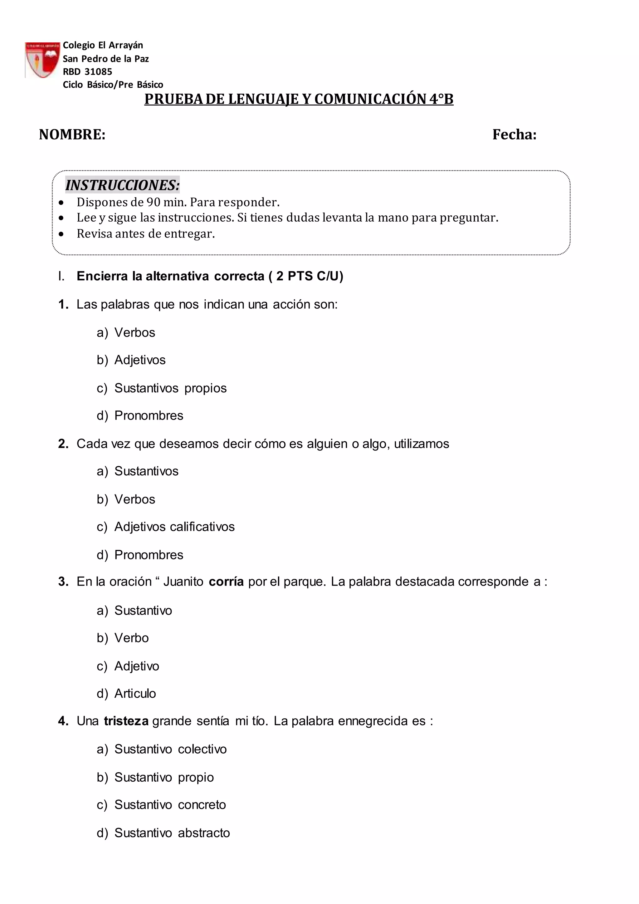 4°B Prueba de Lenguaje Ortografía y Gramática.doc