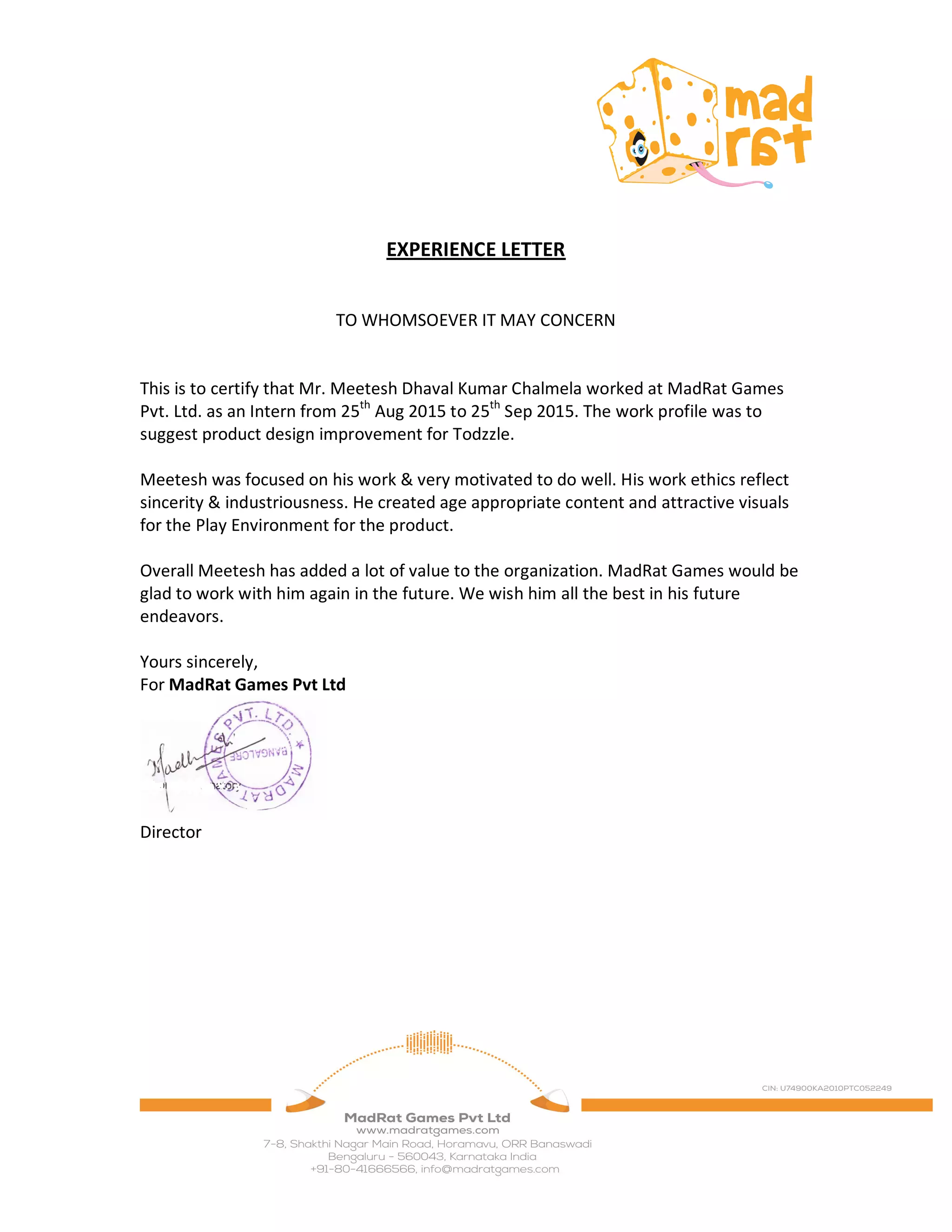 Internship_Experience Letter_Meetesh Dhaval Kumar Chalmela | PDF