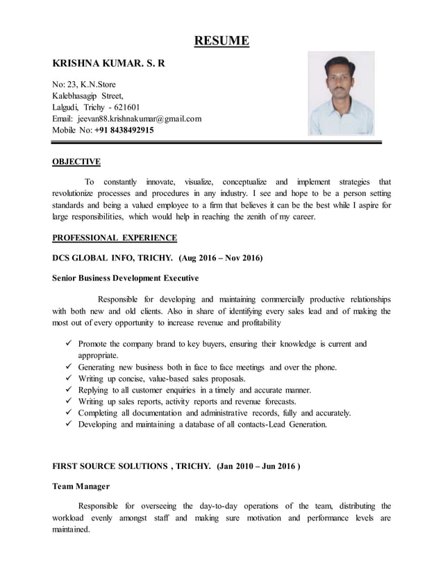 Krishnakumar Resume - Photo | PDF