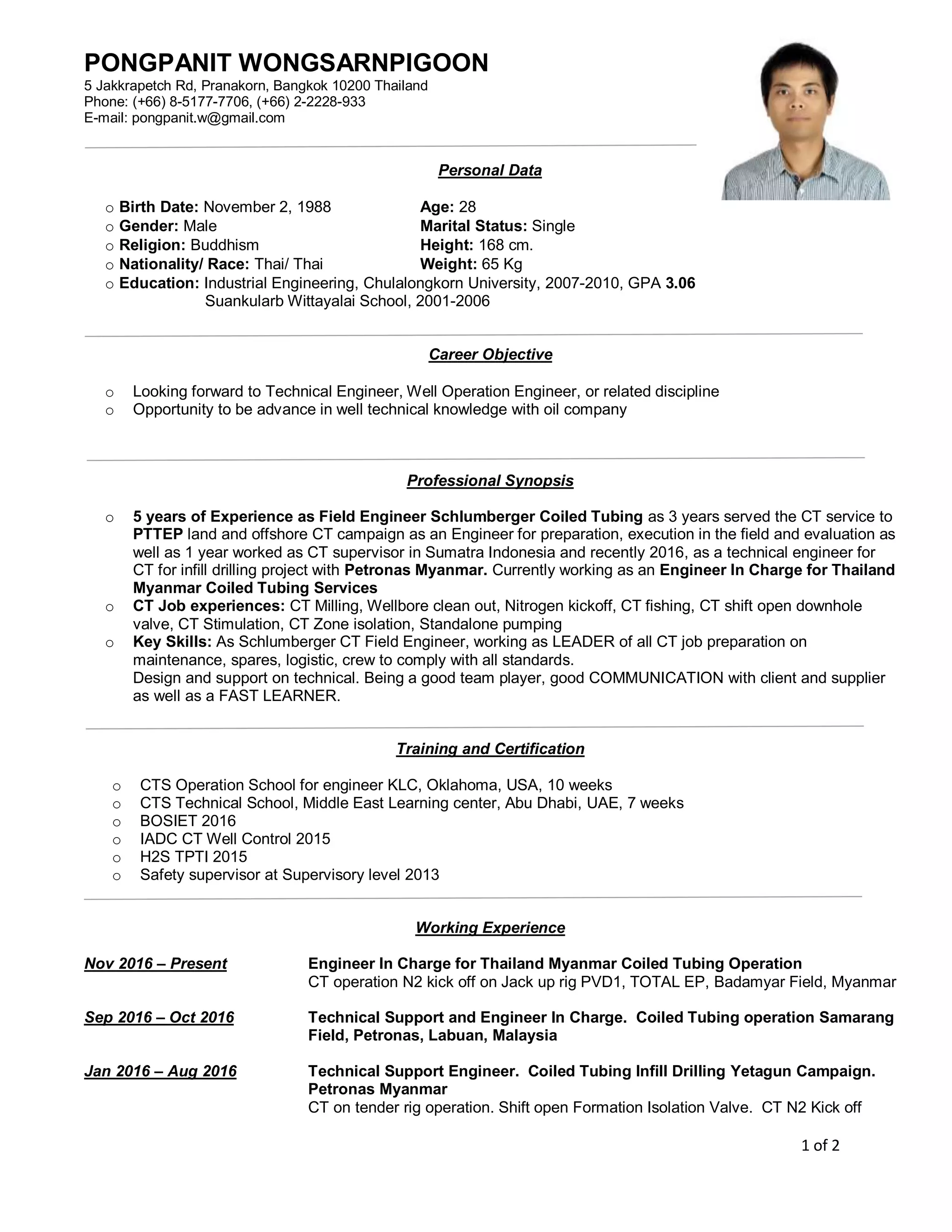 PONGPANIT Resume 2016 | PDF