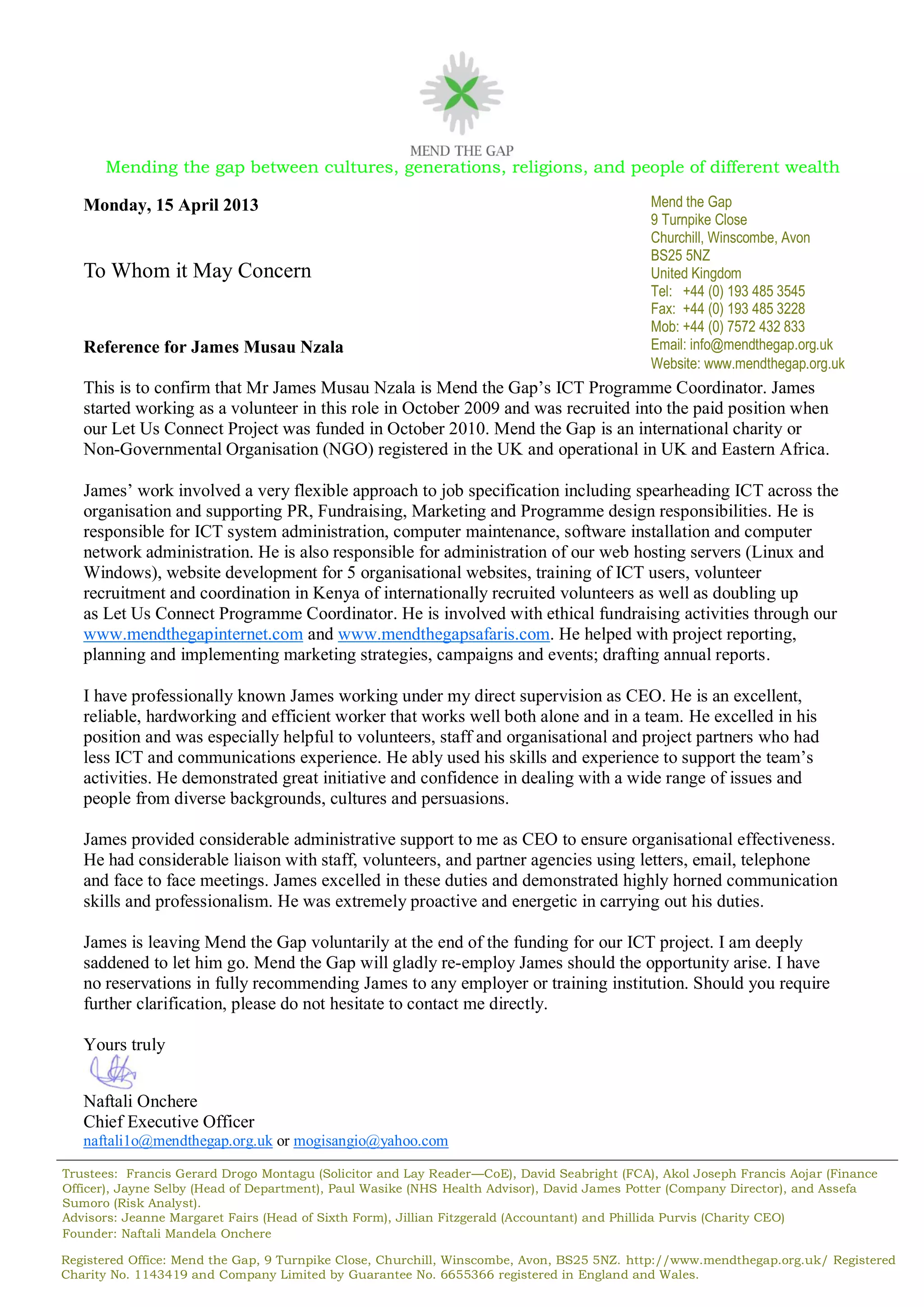 James Musau Nzala Mend the Gap MTG Reference Letter | PDF | Non-Profit ...