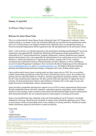 James Musau Nzala Mend the Gap MTG Reference Letter | PDF | Non-Profit ...