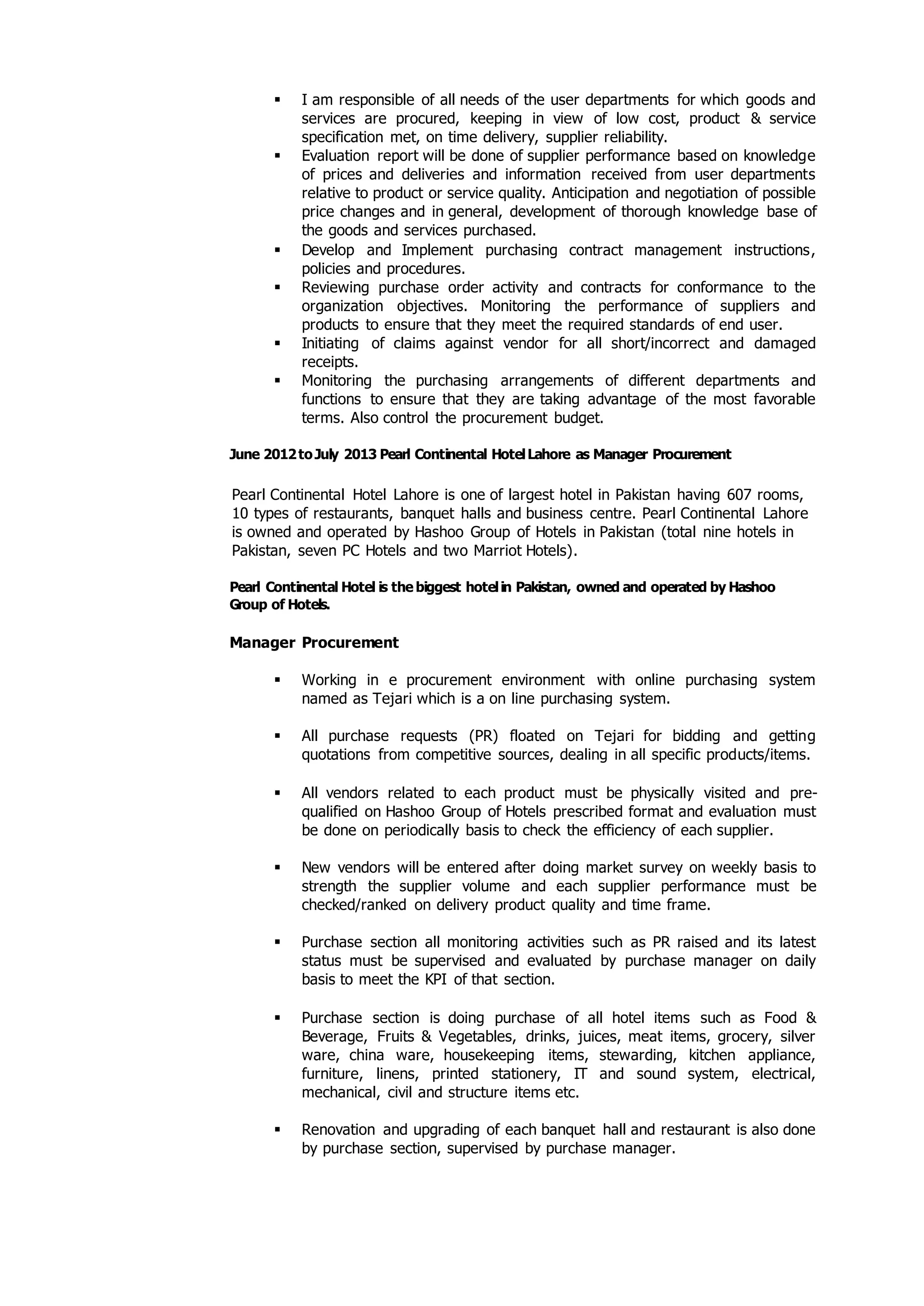 CV for Head of Department Procurement | DOCX