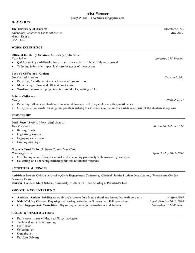 Alise Wenner 2016 Resume | PDF