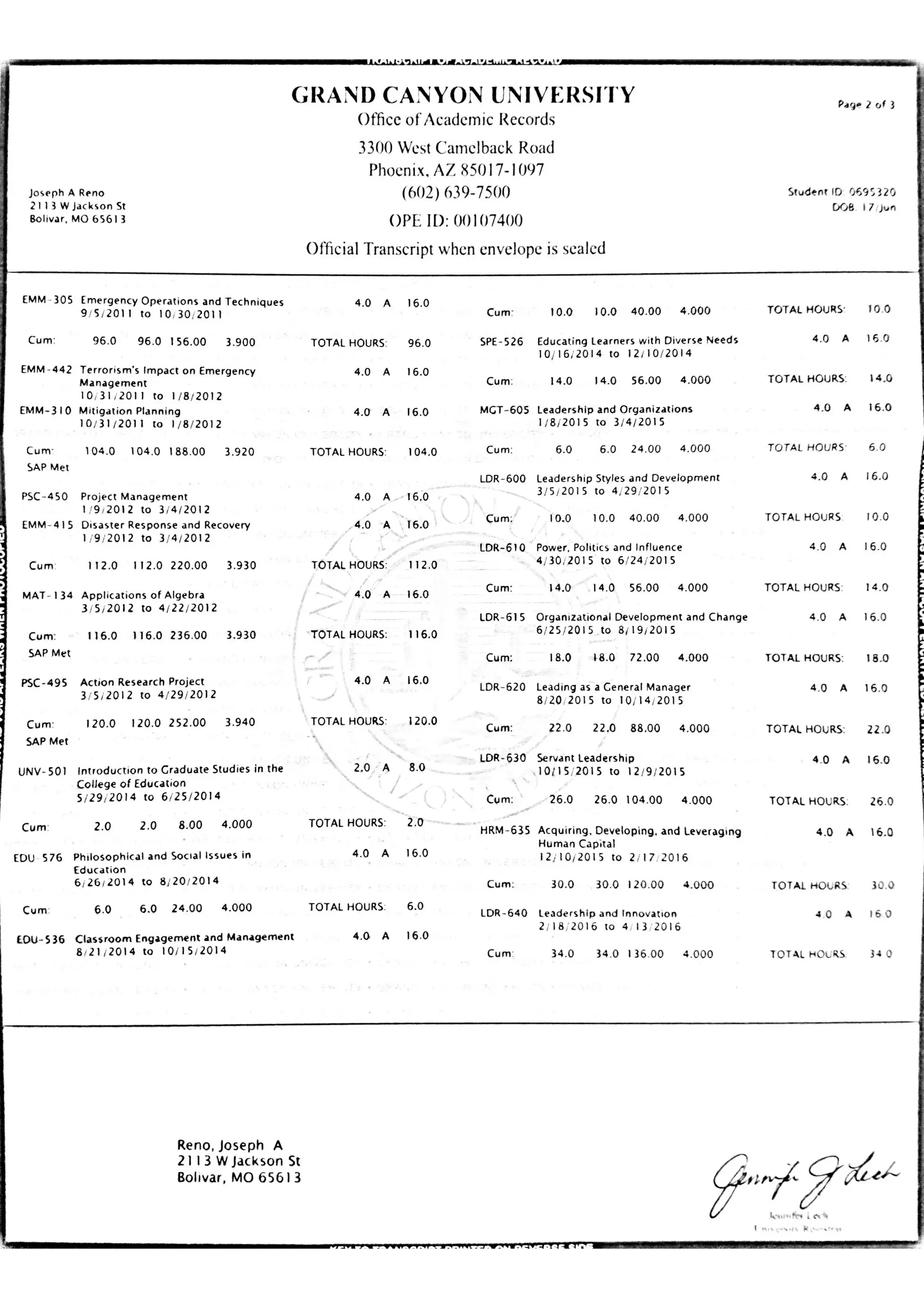 Master's Transcript | PDF