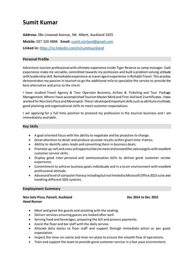 Tourism C.V. Sumit kumar | DOCX | Business Travel | Travel Type