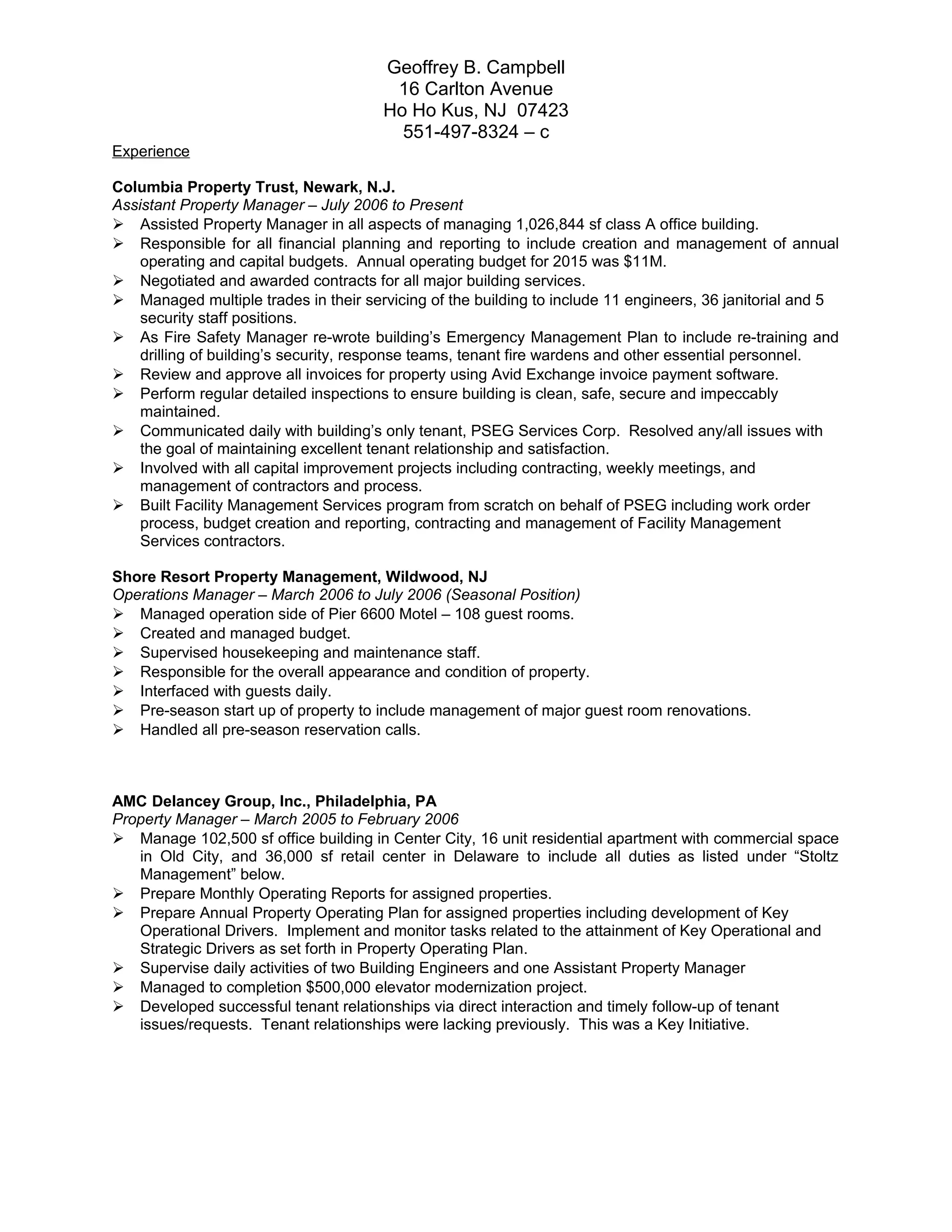 Geoff Campbell - Resume - Property Manager | DOC