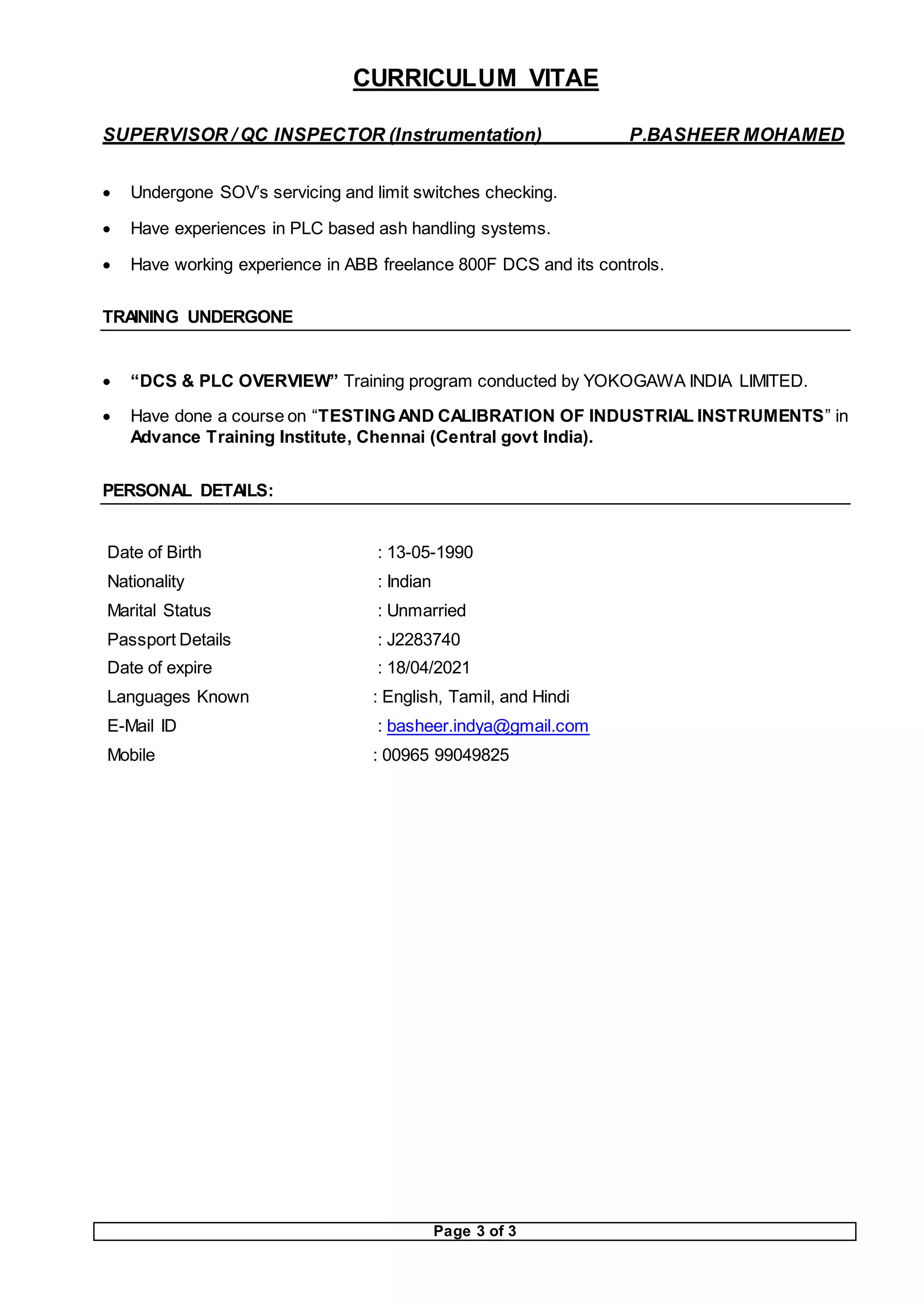 SUPERVISOR-QC INSPECTOR BASHEER CV | DOCX