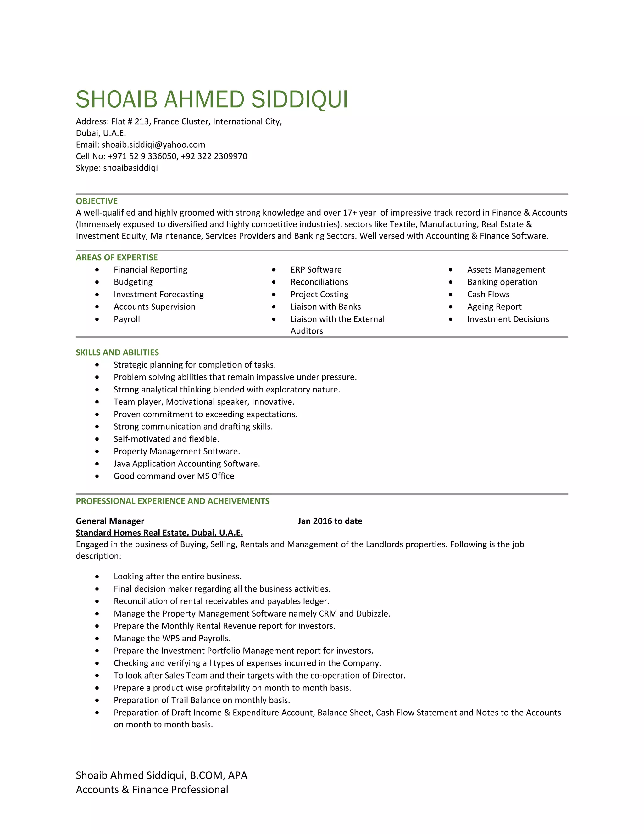 RESUME SHOAIB AHMED SIDDIQUI | DOC | Business Accounting & Finance | Business