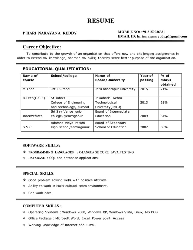 reume fresher m.tech | Databases | Computer Software and Applications