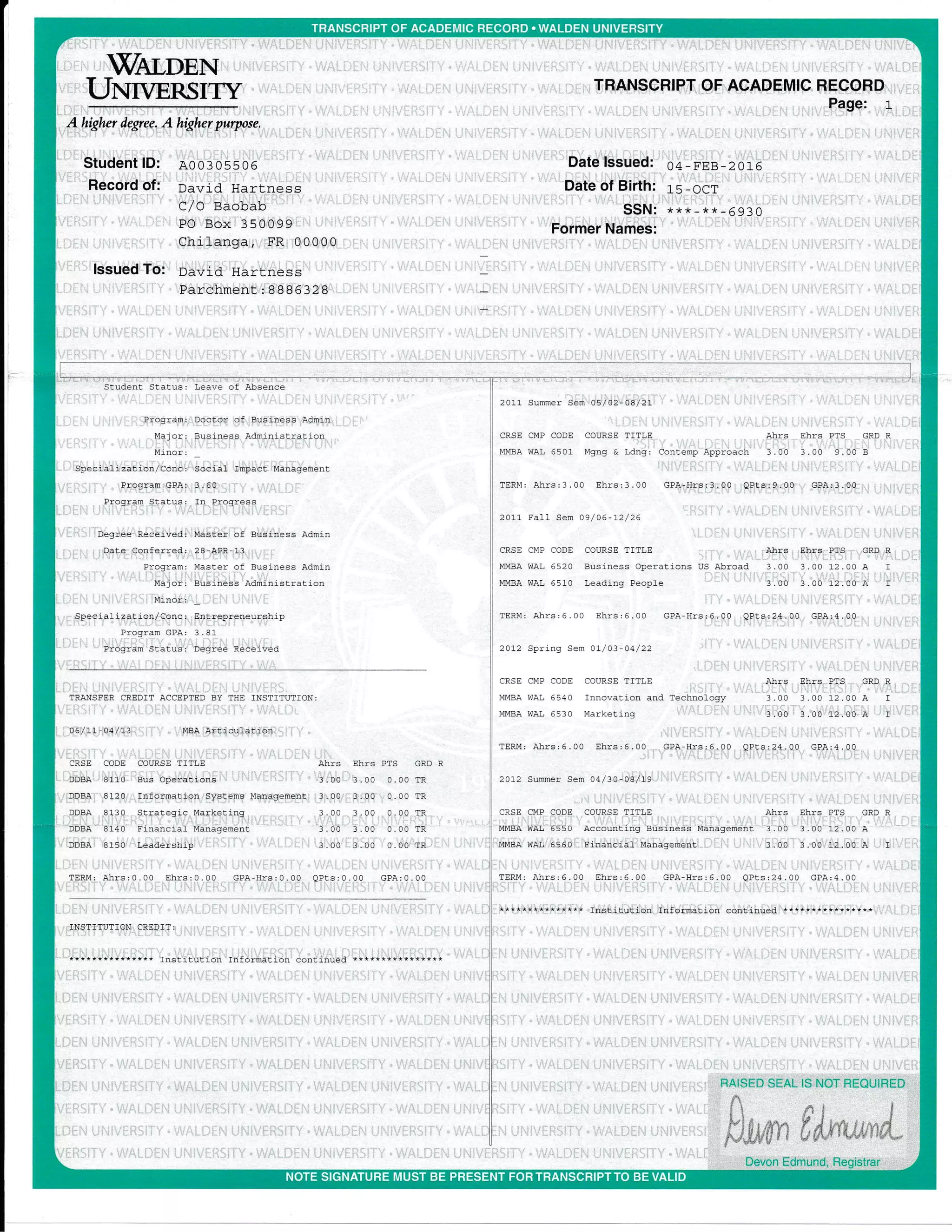 MBA Graduate transcript | PDF