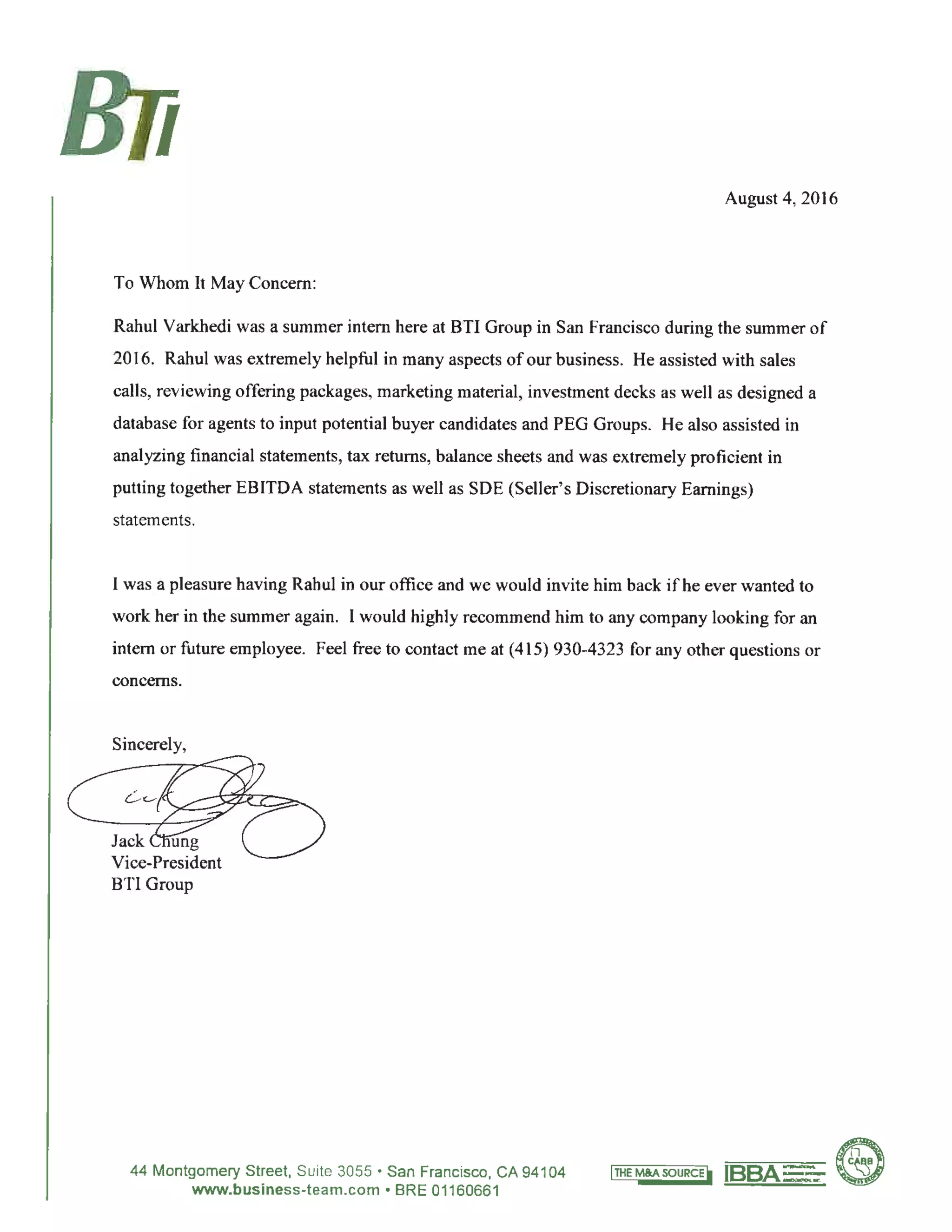 BTI Group Recommendation Letter | PDF