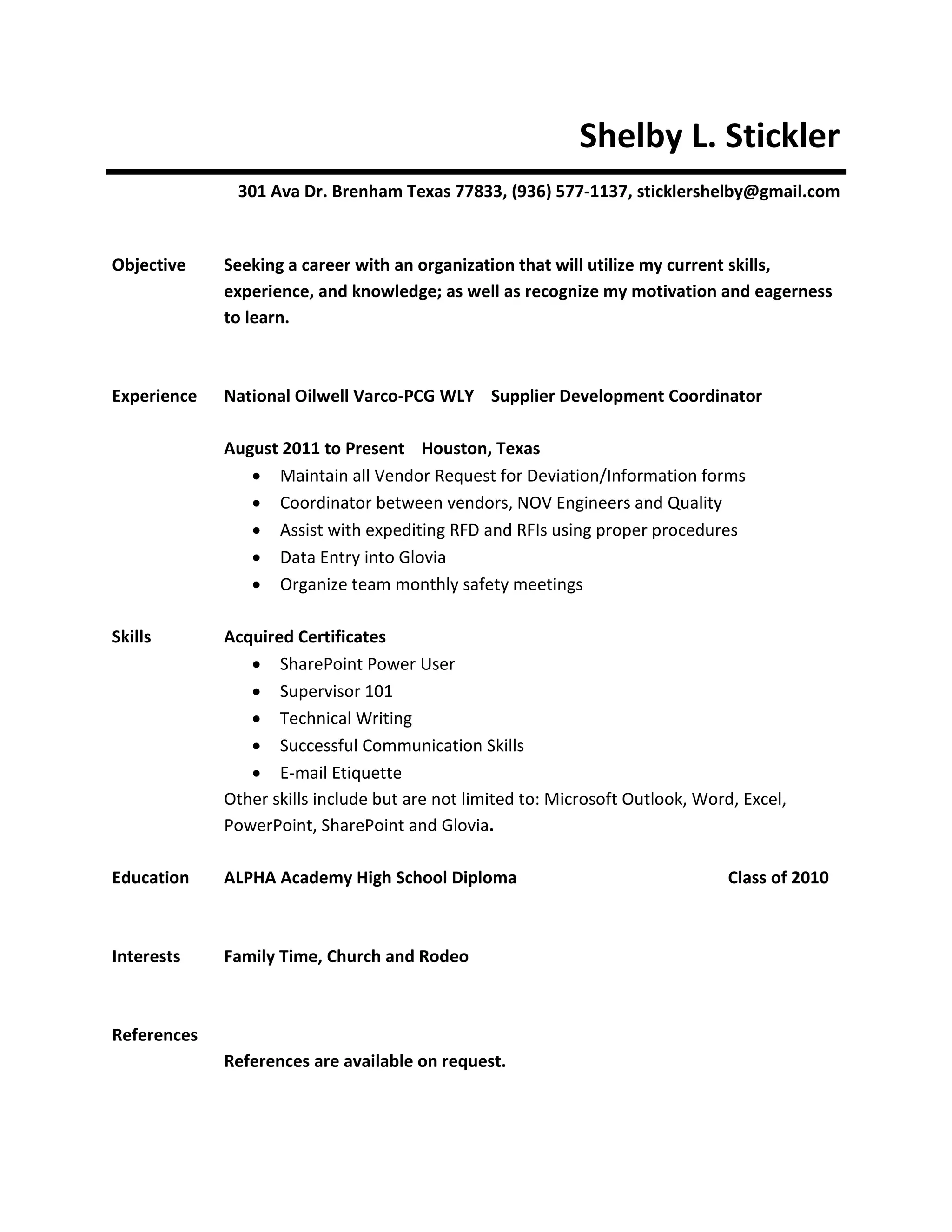 Shelby Stickler Resume | PDF
