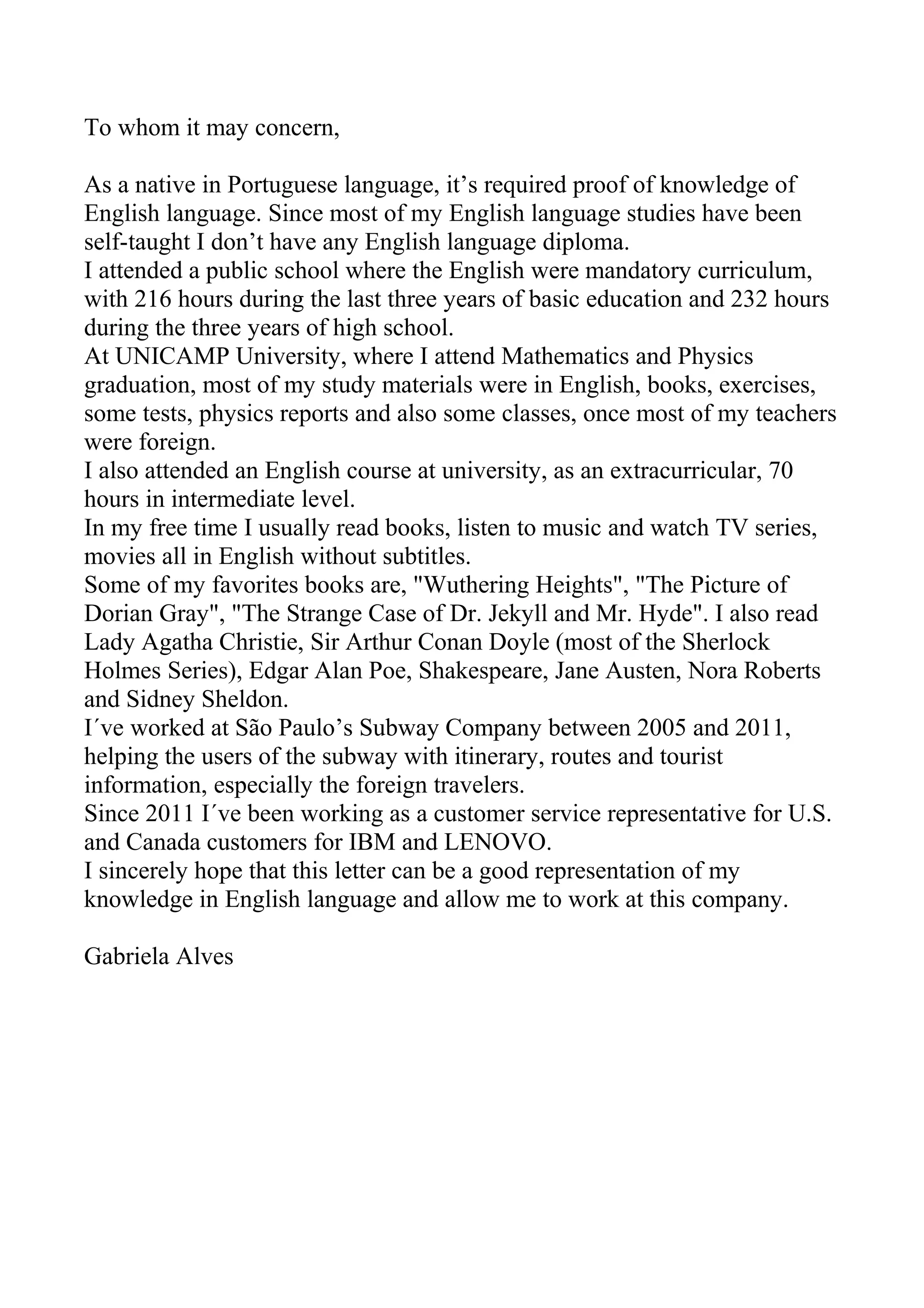 Gabriela Alves English Proficiency Letter | PDF