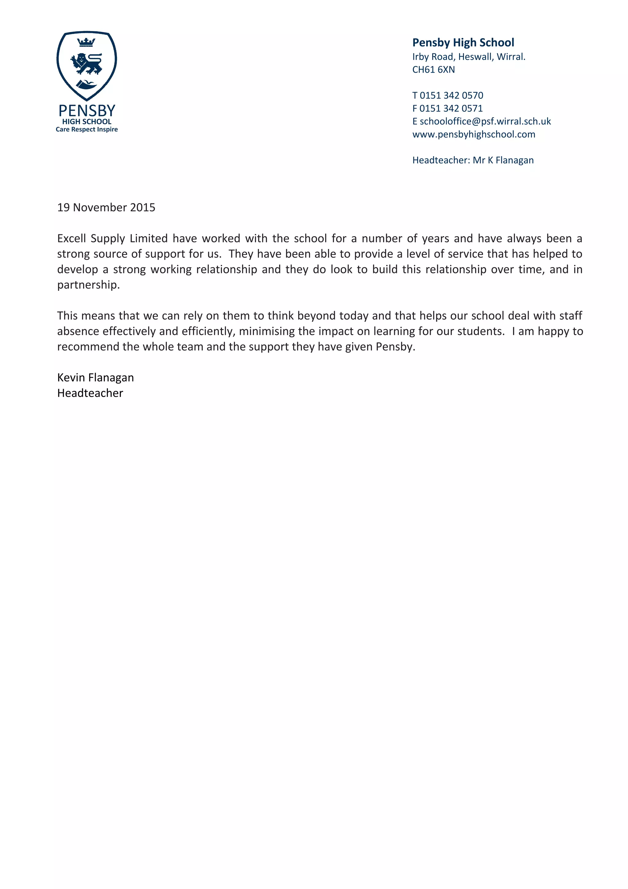 Pensby High School testimonial | DOC