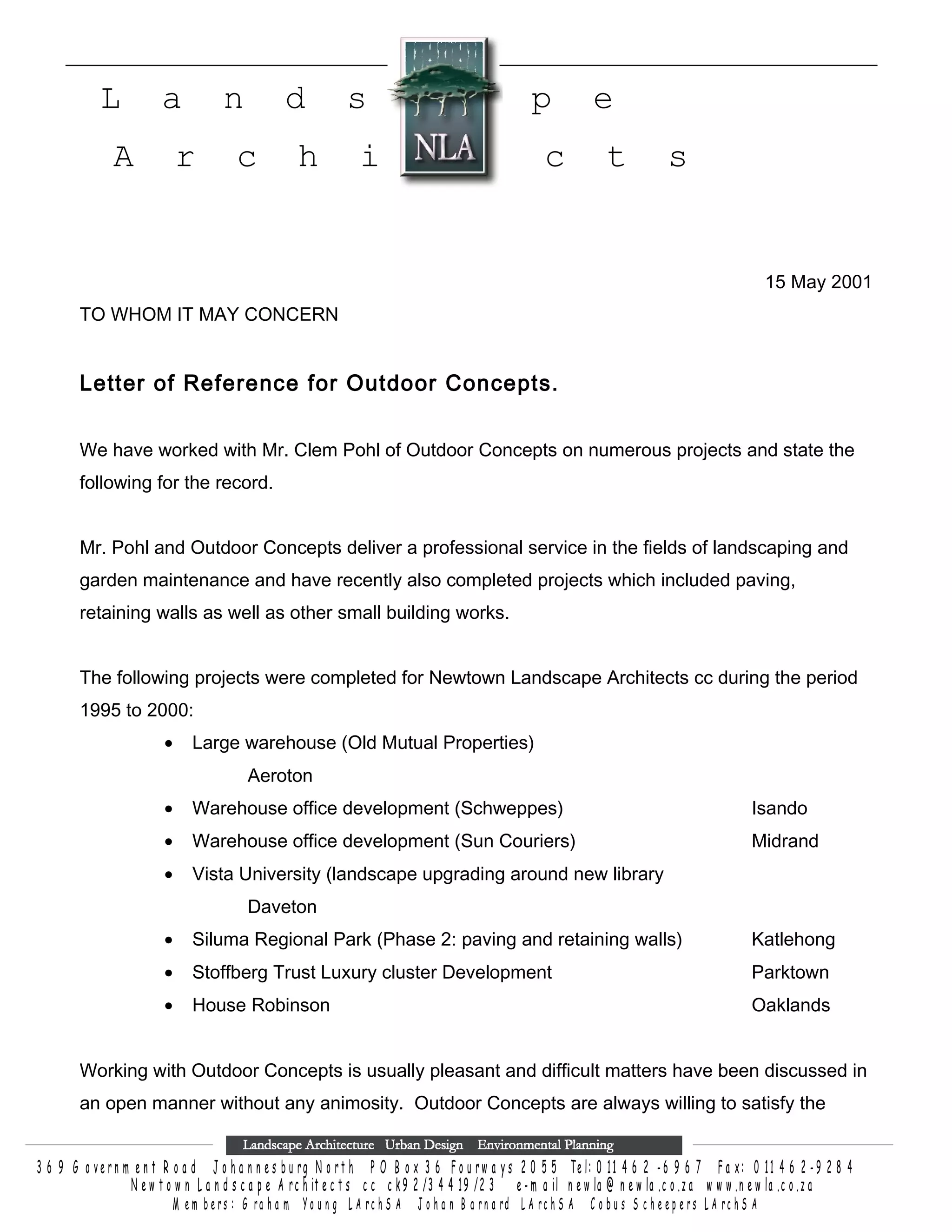 NLA reference Letter | DOC | Landscaping | Home & Garden