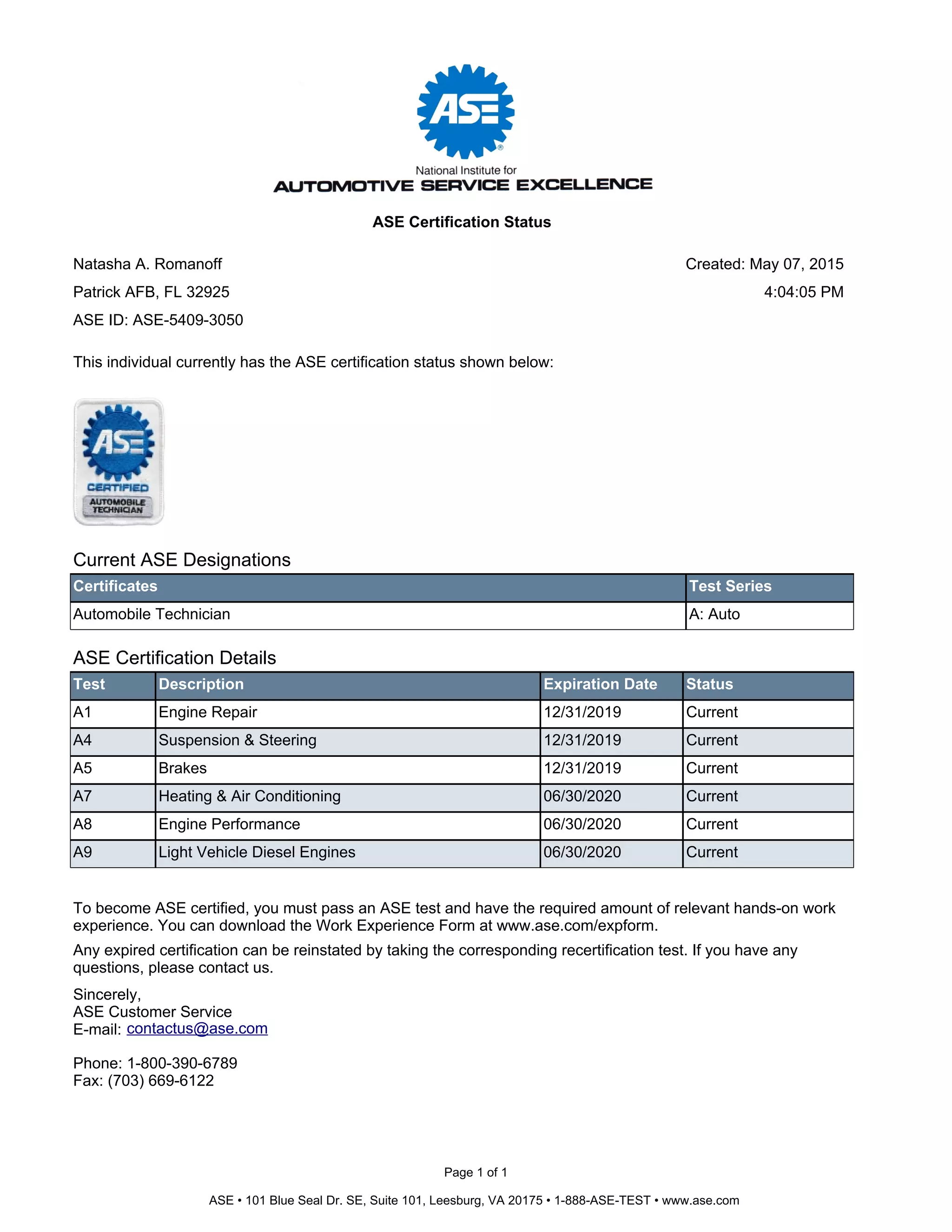 ASE Certification | PDF