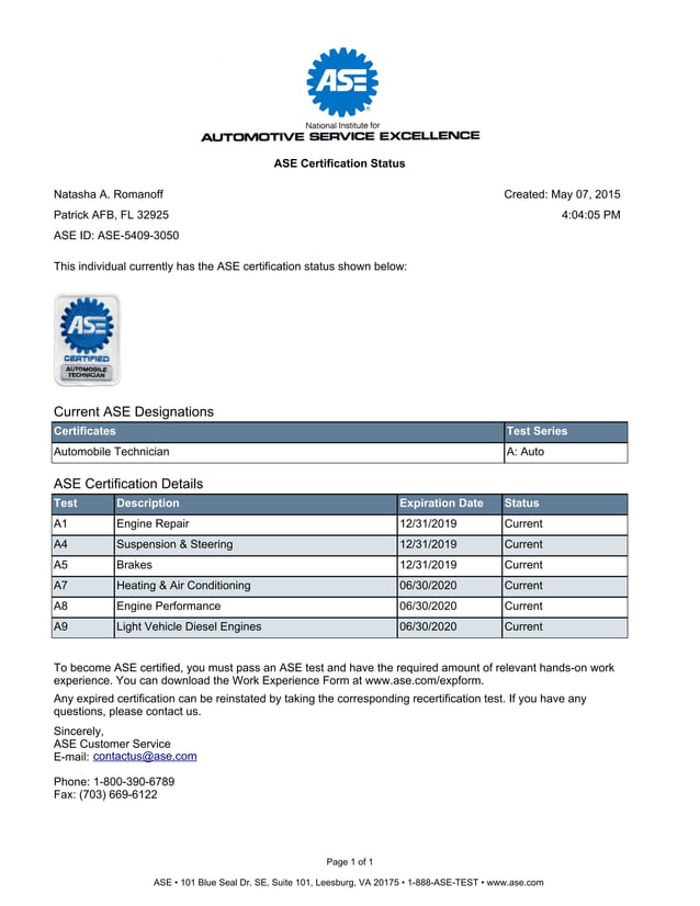 ASE Certification | PDF