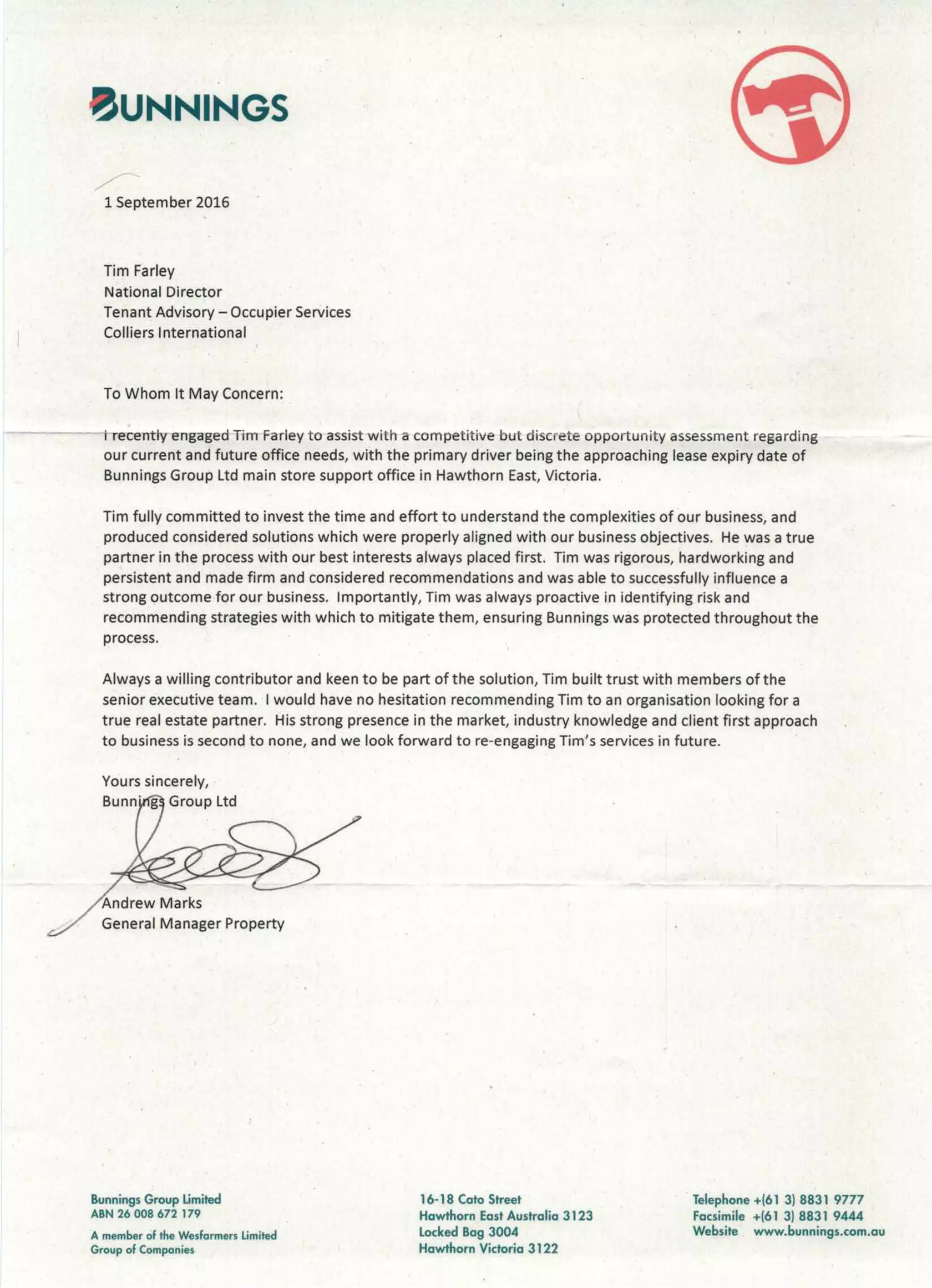 BunningsRefLetter2016 | PDF