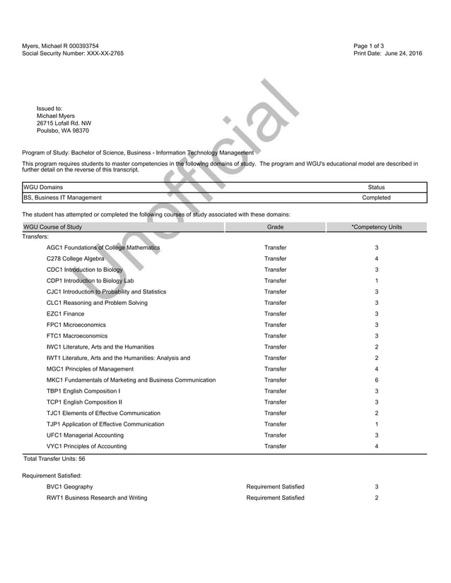 WGU - MMYERS WGU Transcript 2016-06-24 | PDF