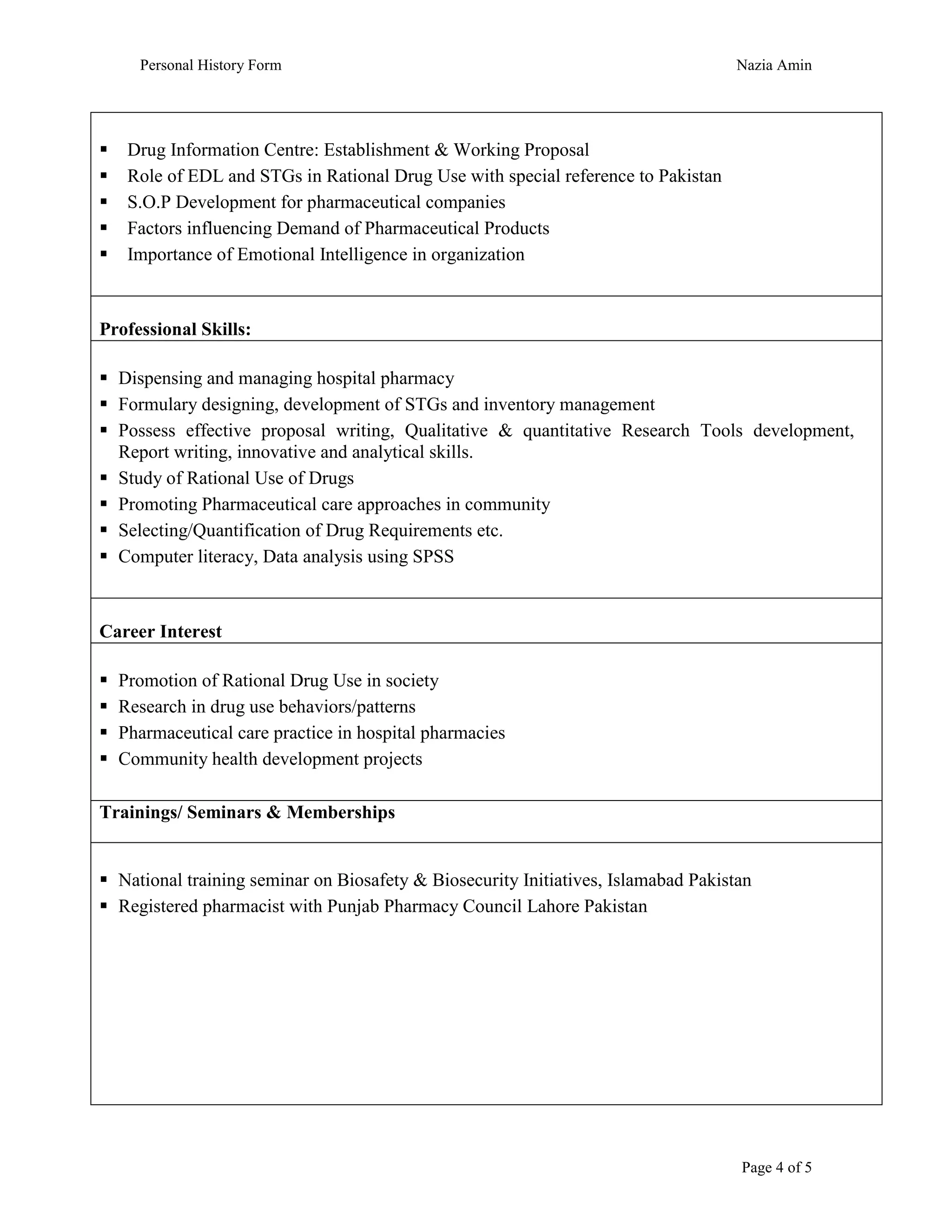 NAZIA AMIN CV PHARMACIST 1 JAN 2016 | PDF