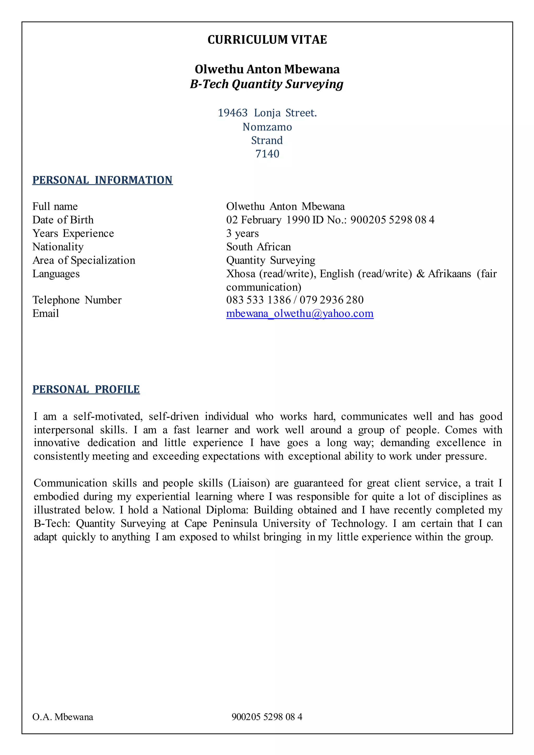 OA. MBEWANA CV | DOCX