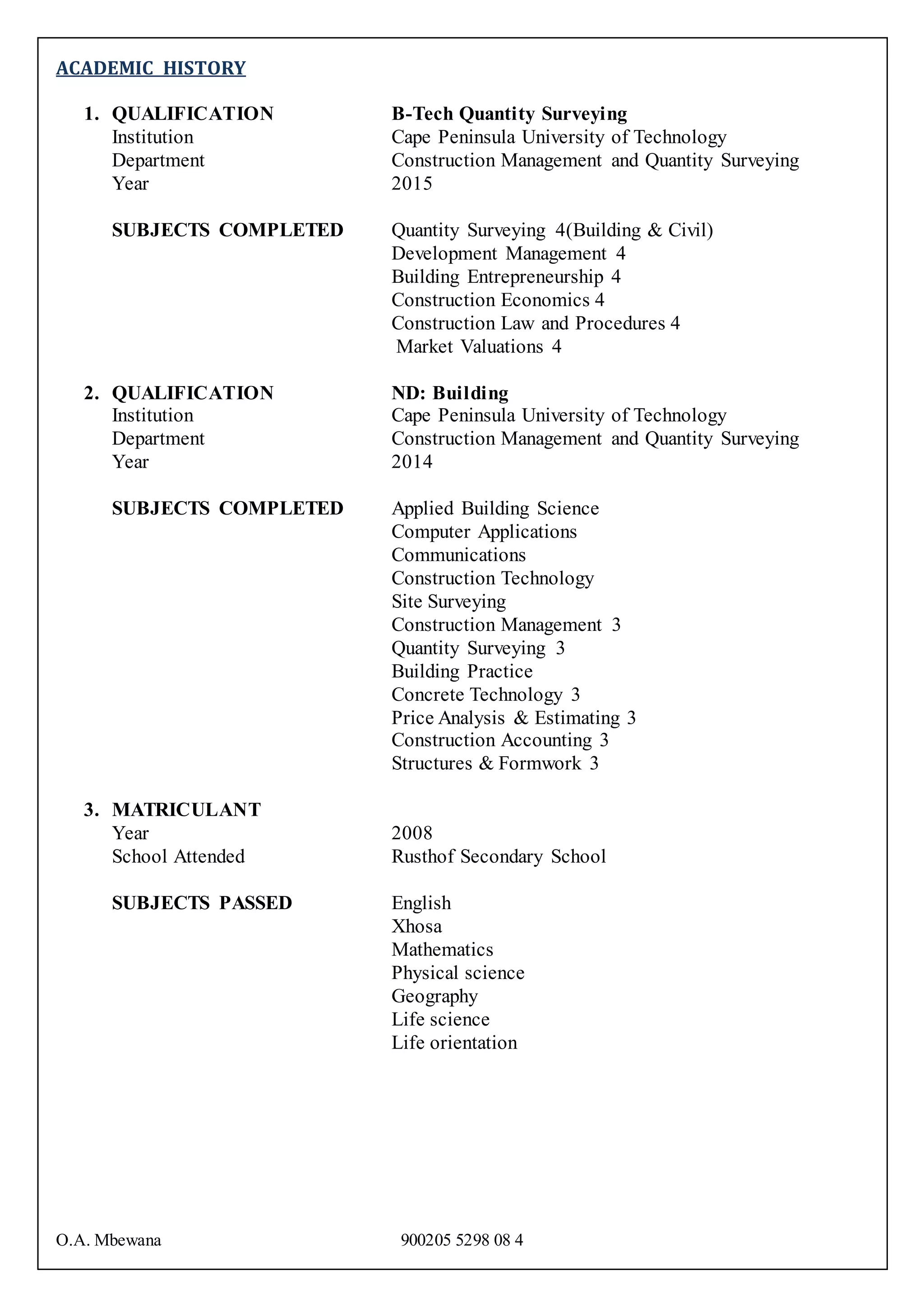 OA. MBEWANA CV | DOCX