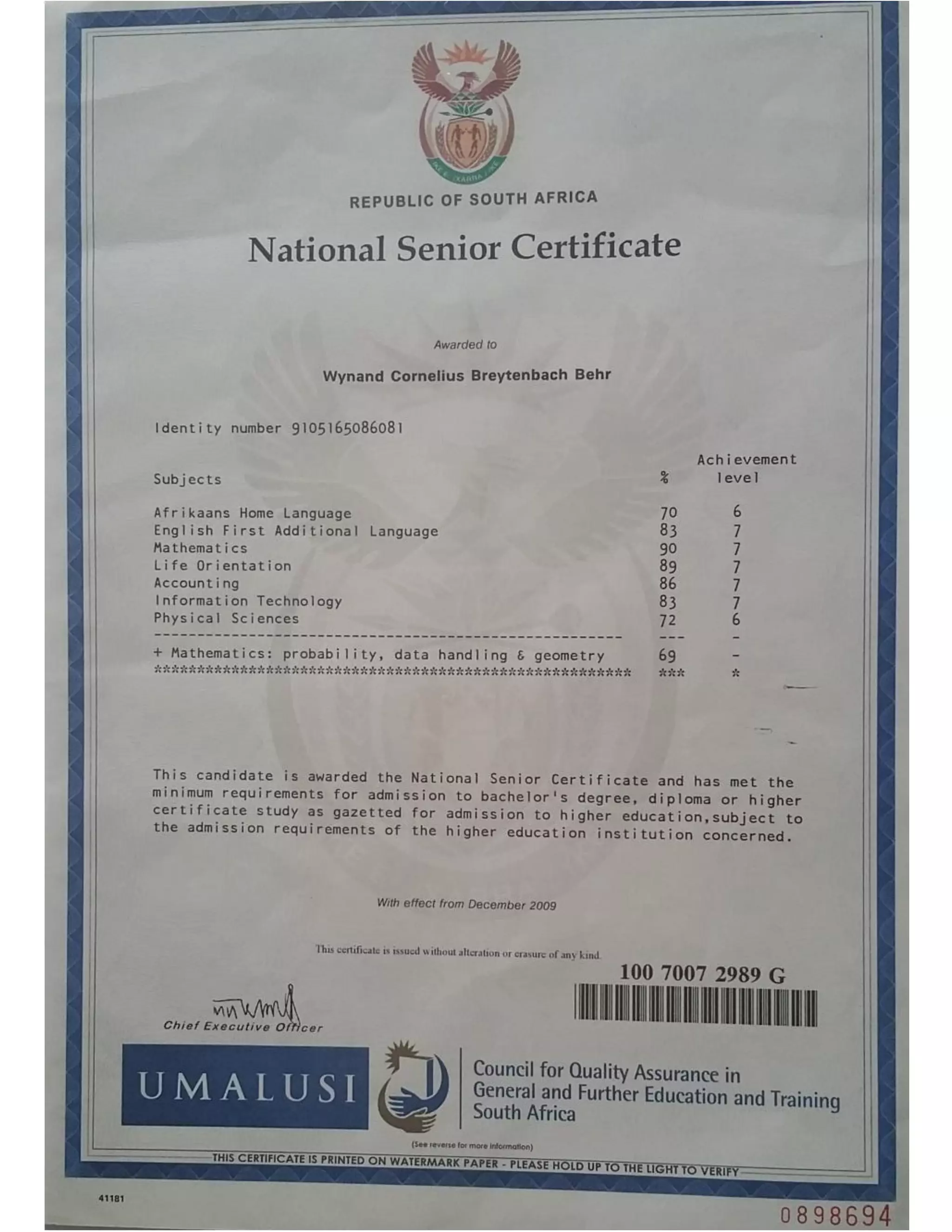 Matric Certificate | PDF