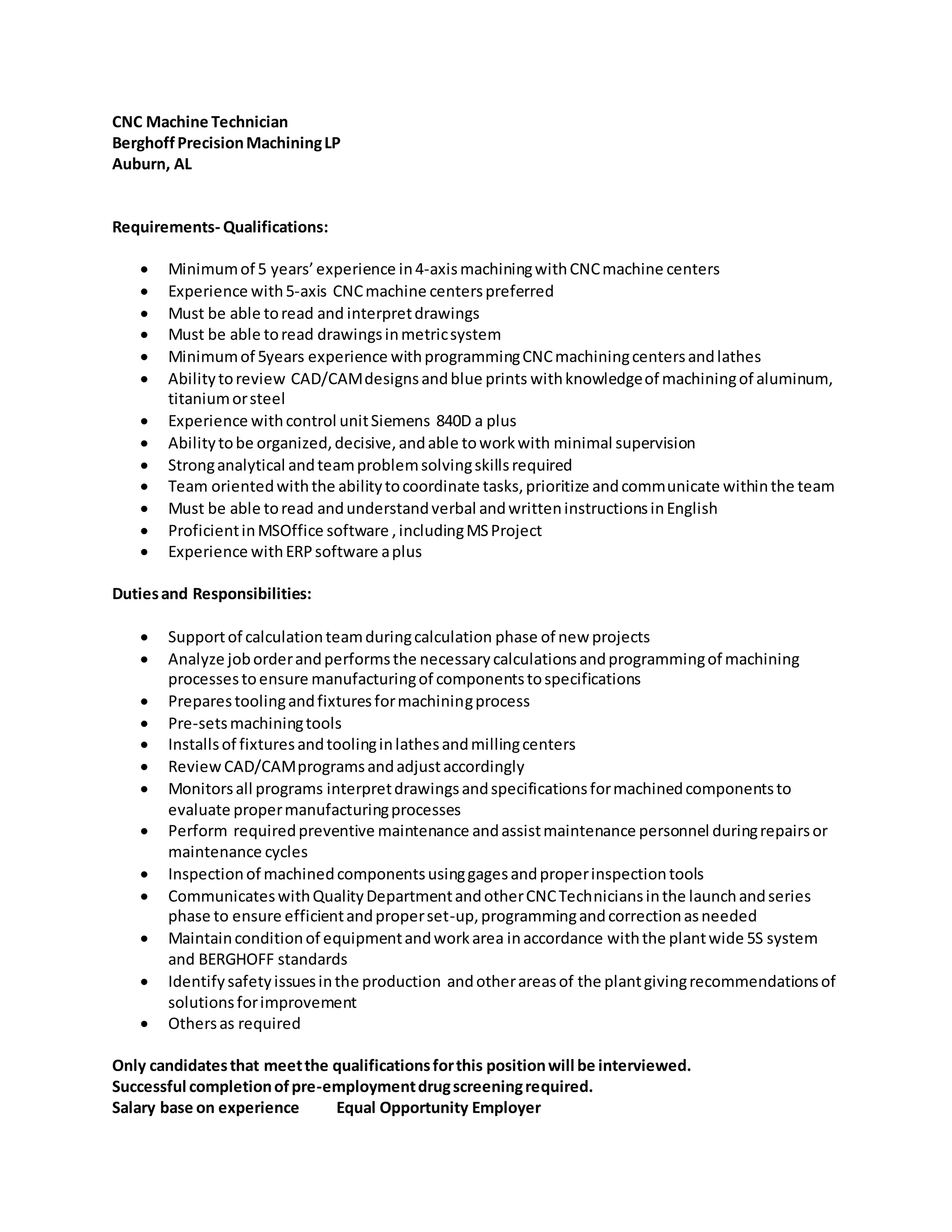 CNC Machine Technician | DOCX