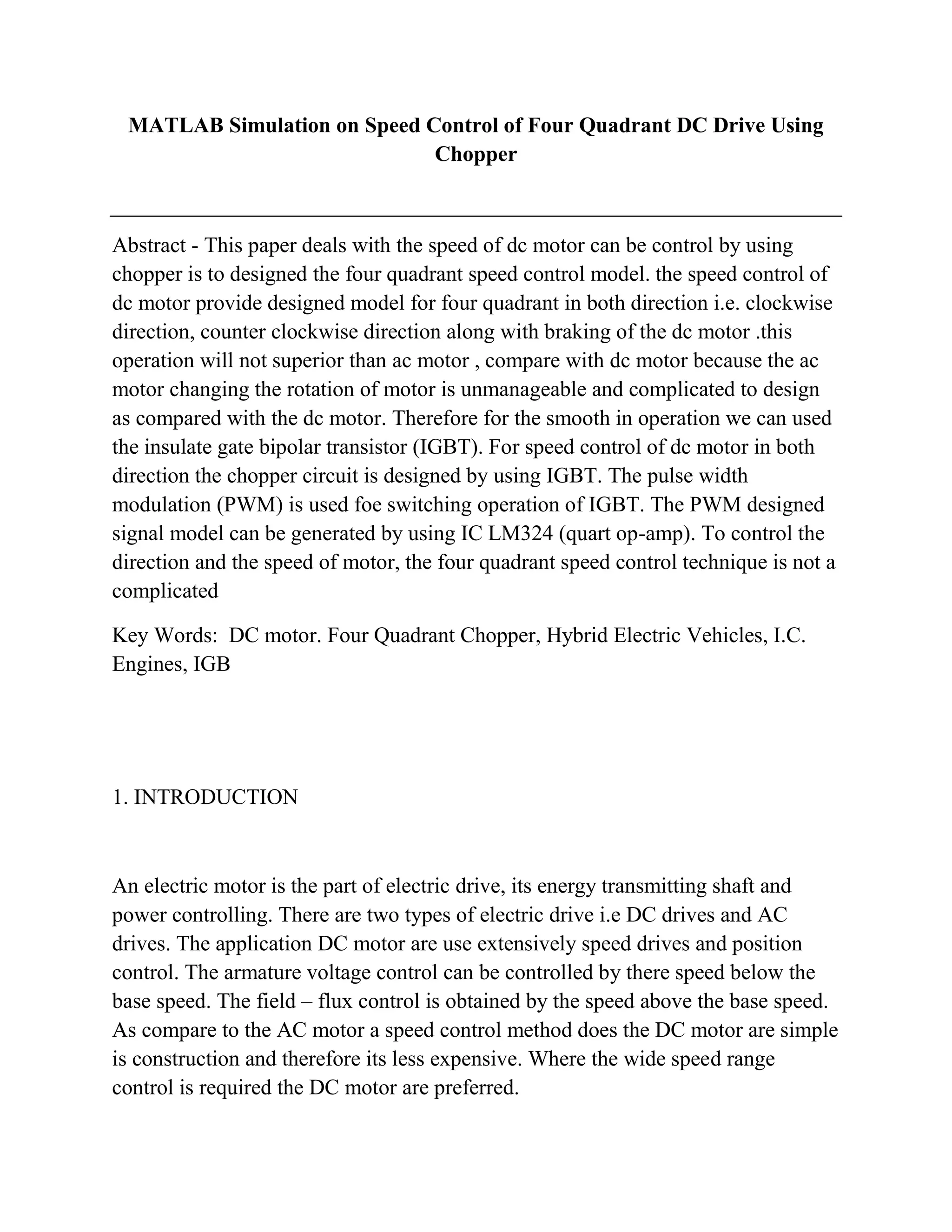 Matlab Simulation On Speed Control Of Four Quadrant Dc Drive Using Chopper Pdf