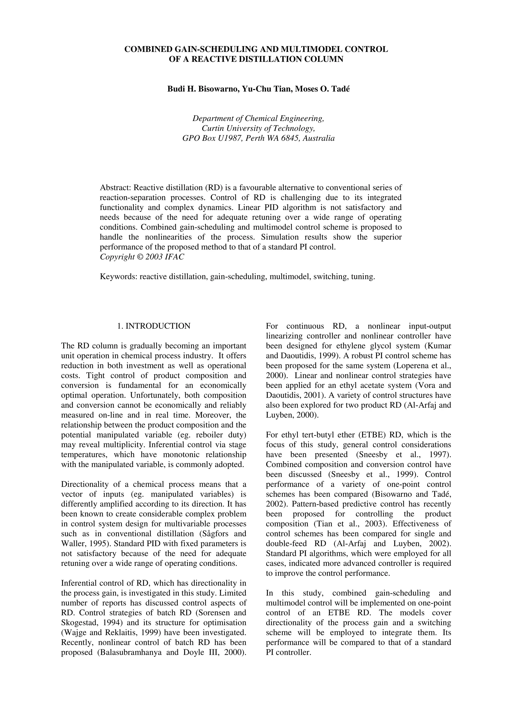 4 Combined Gain Scheduling And Multimodel Control Of A Reactive