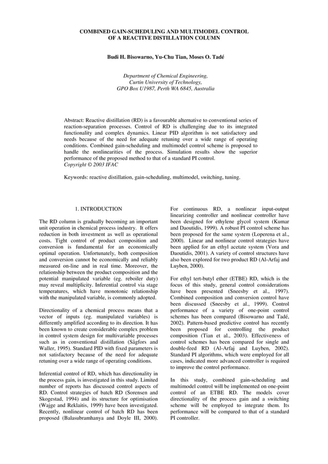 4 combined gain scheduling and multimodel control of a reactive distillation column | PDF